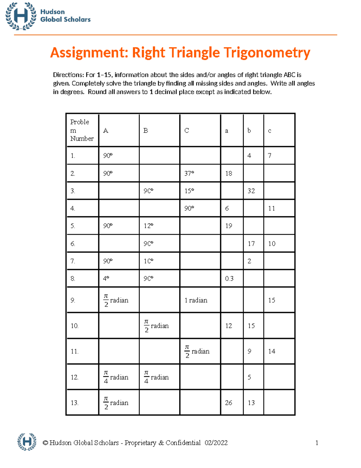 Assignment Right Triangle Trigonometry - Assignment: Right Triangle ...