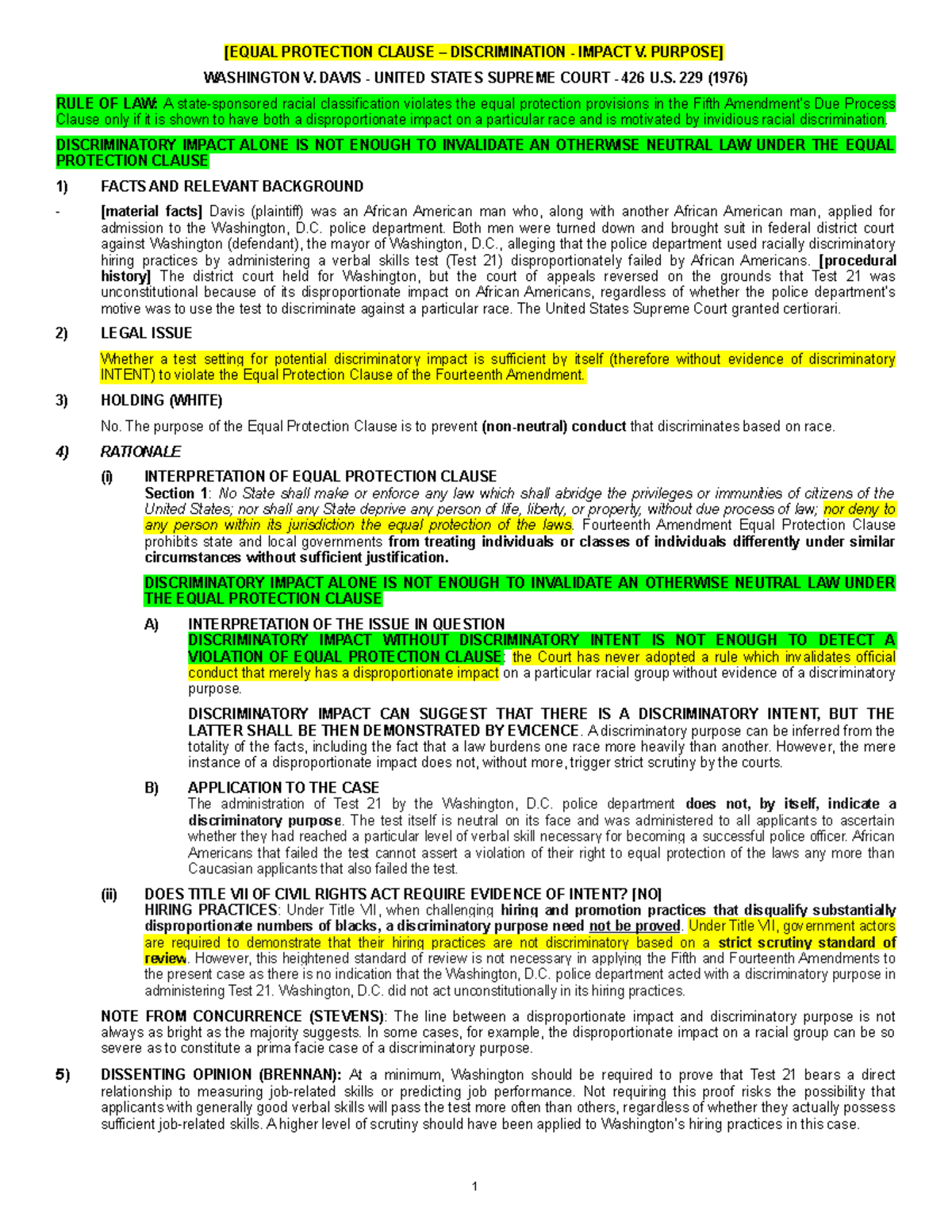 Case brief Washington v. Davis - [EQUAL PROTECTION CLAUSE ...