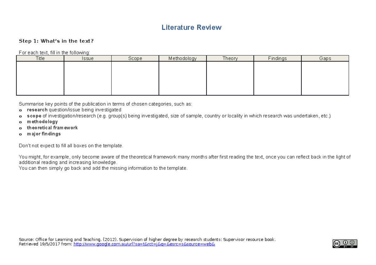 Literature Analysis Worksheet - Literature Review Step 1: What’s in the ...