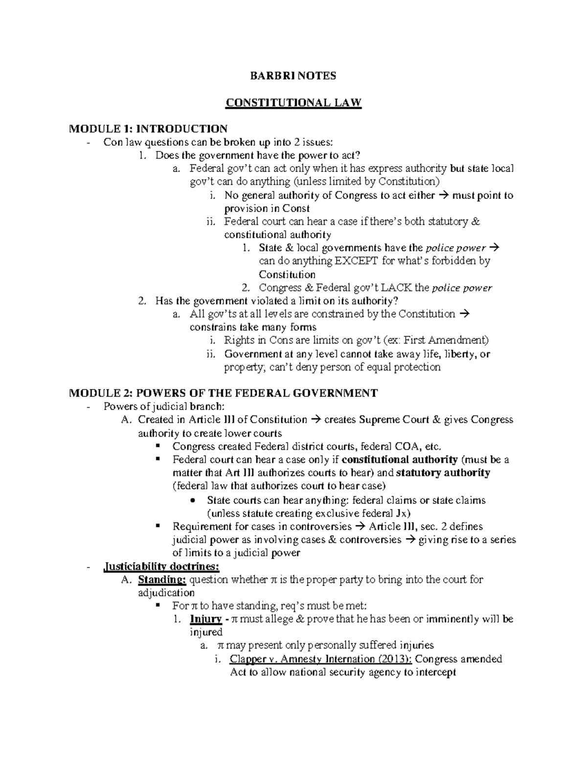 Ilide - Notes - BARBRI NOTES CONSTITUTIONAL LAW MODULE 1: INTRODUCTION ...