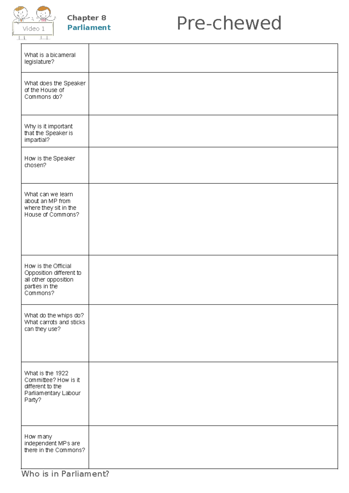 1 - who is in parliament worksheet - Video 1 Pre-chewed Politics ...