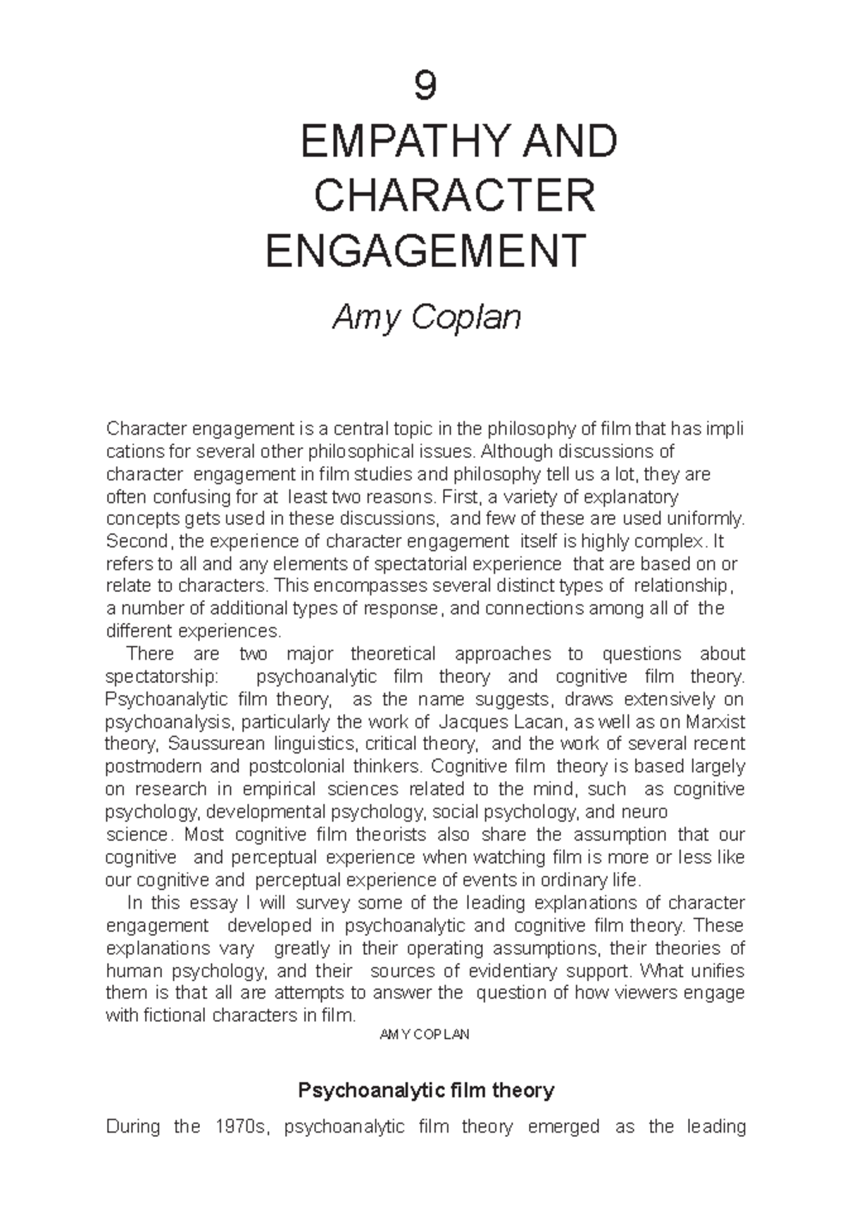FT%203.2 - Essay - 9 EMPATHY AND CHARACTER ENGAGEMENT Amy Coplan ...