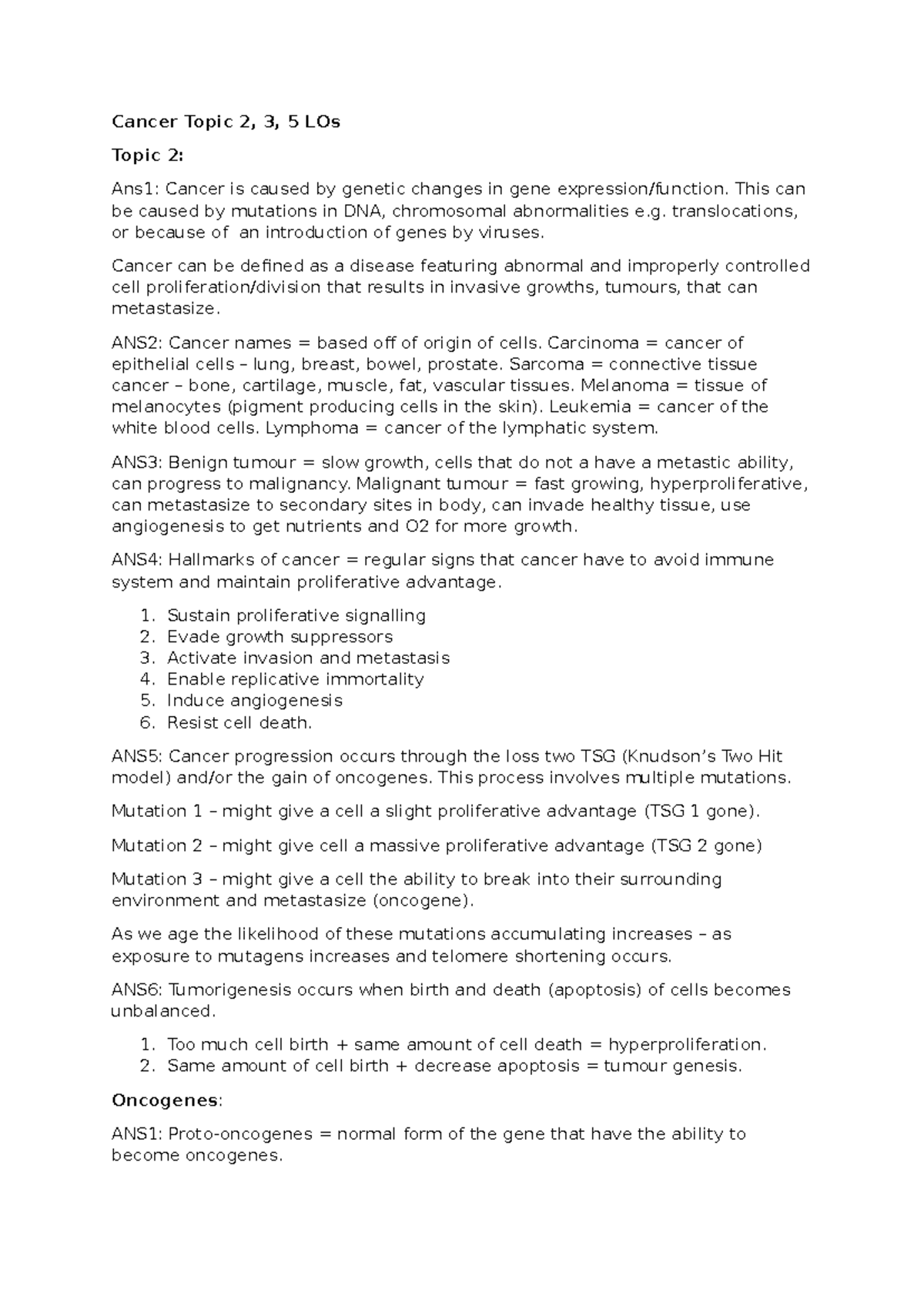 Cancer - Topic 2, 3, 5 - Cancer Topic 2, 3, 5 LOs Topic 2: Ans1: Cancer ...
