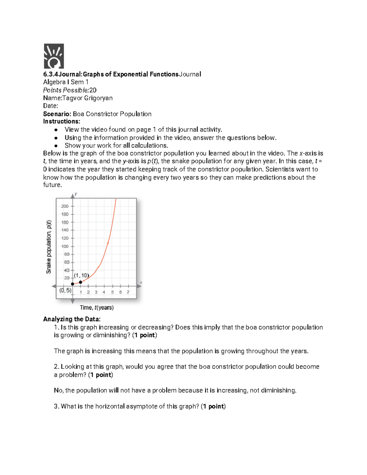 6.3.4 Journal Algebra 1 - 6.3:Graphs of Exponential FunctionsJournal ...