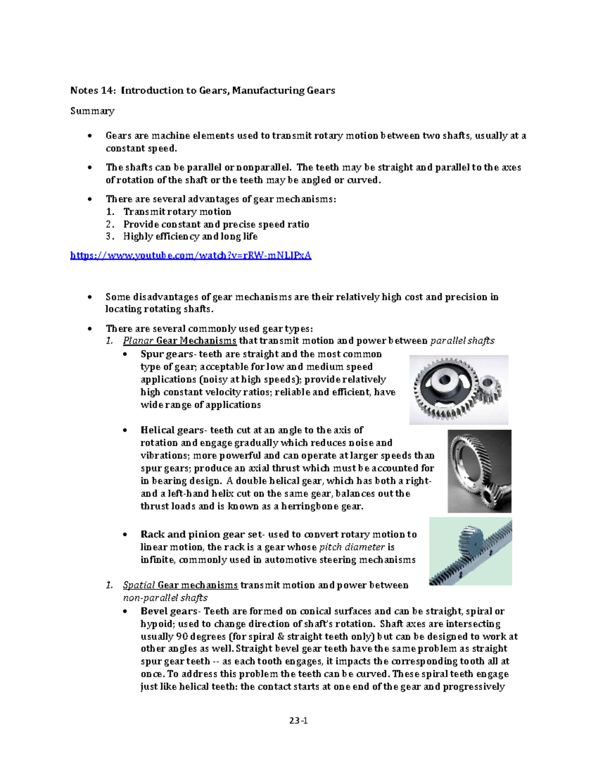 Notes 14 - gears - Summary Mech Of Machinery - Notes 14: Introduction ...