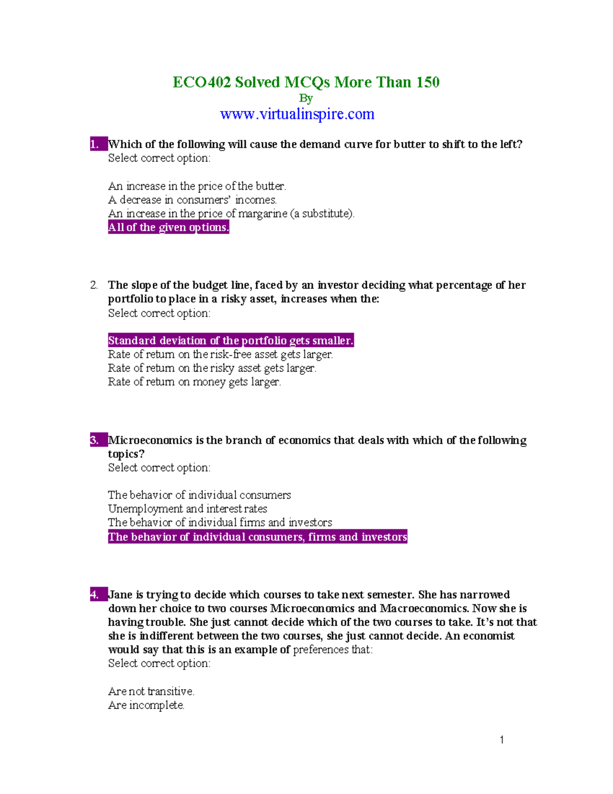 ECO402Solved MCQs More Than 150 - A decrease in consumers’ incomes. An increase in the price of ...