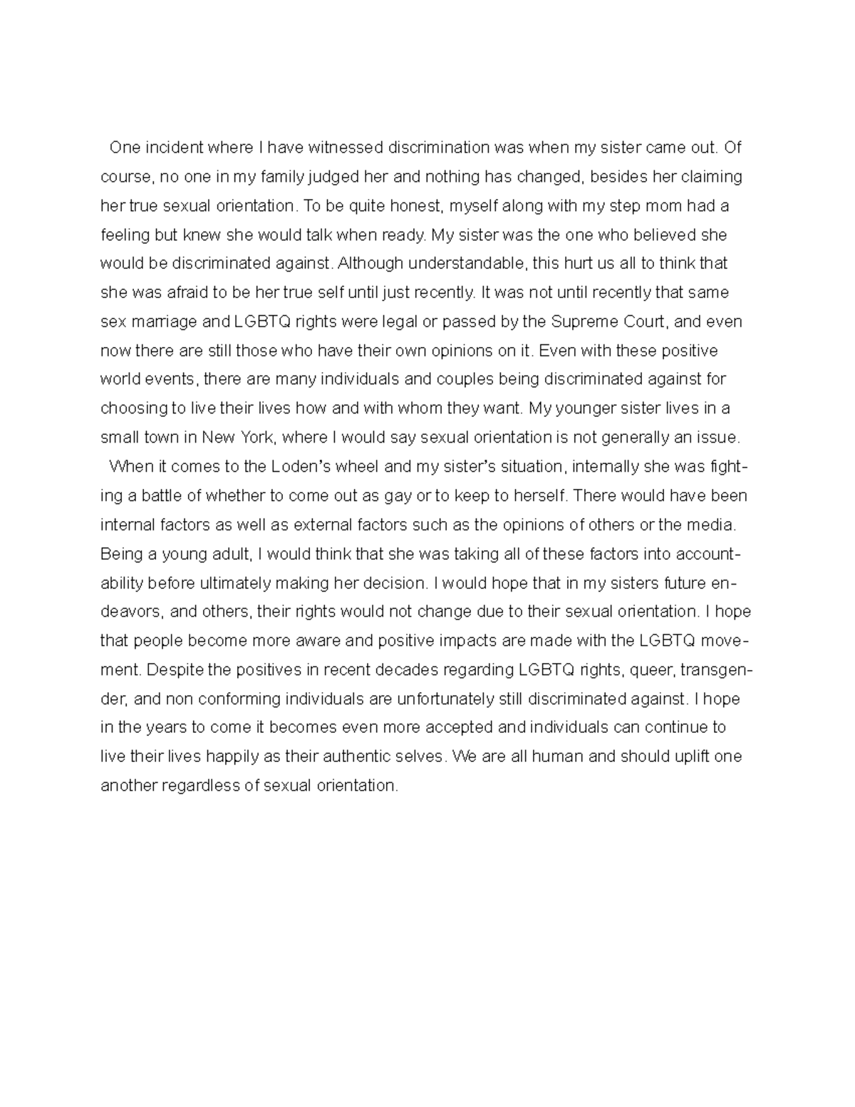 CJ 120 journal 1-3 - One incident where I have witnessed discrimination ...