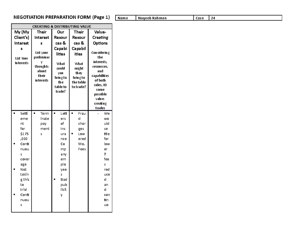 Negotiation Preparation FORM (Clarke v Cali) - NEGOTIATION PREPARATION ...
