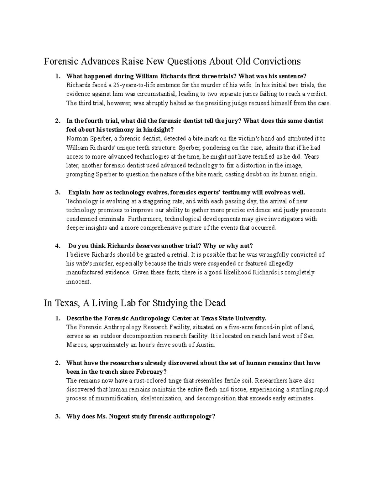 Forensic Science Unit 6 - Lab - Forensic Advances Raise New Questions ...