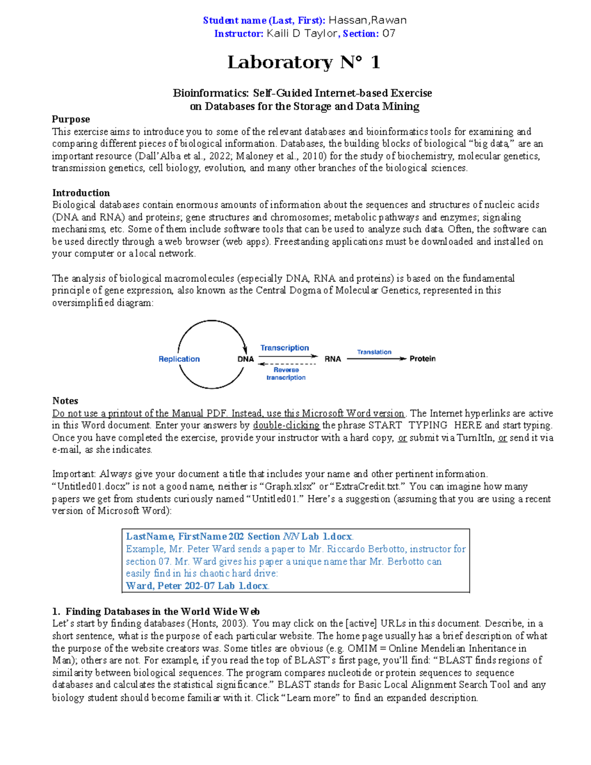Laboratory 1 - Working File - Laboratory N° 1 Bioinformatics: Self ...