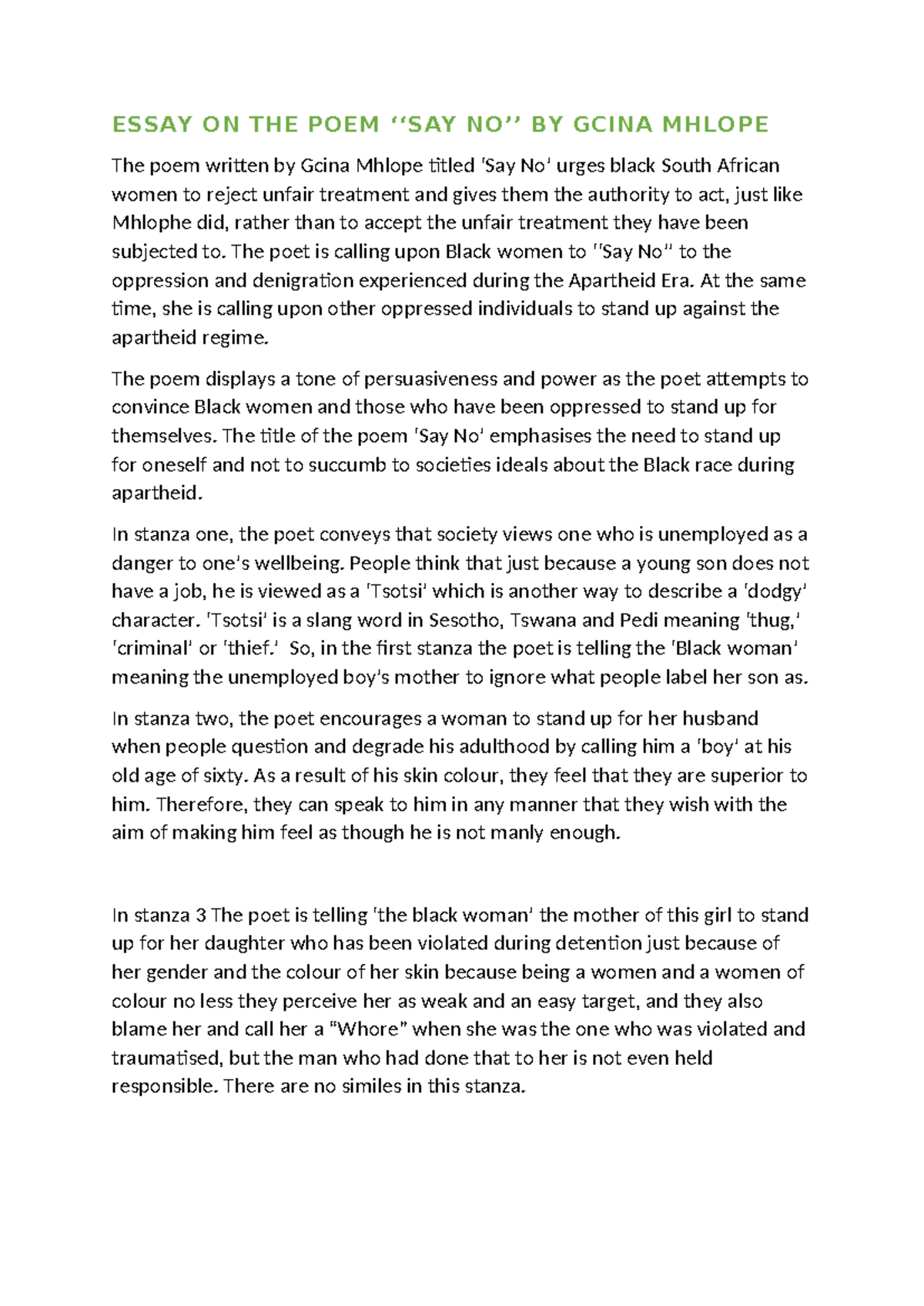 ENED - Very helpful - ESSAY ON THE POEM ‘‘SAY NO’’ BY GCINA MHLOPE The ...
