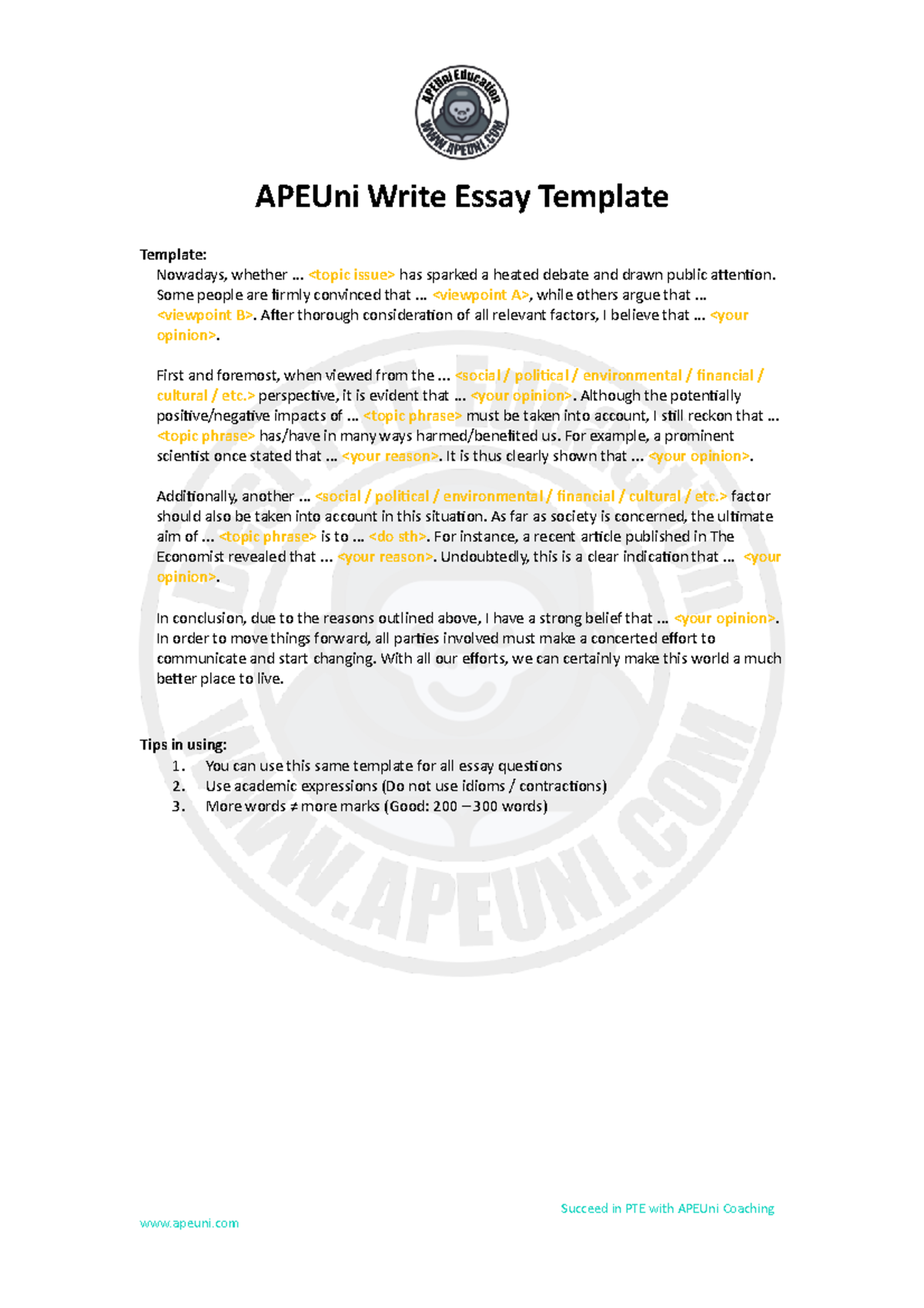 APEUni Write Essay Template Succeed In PTE With APEUni Coaching