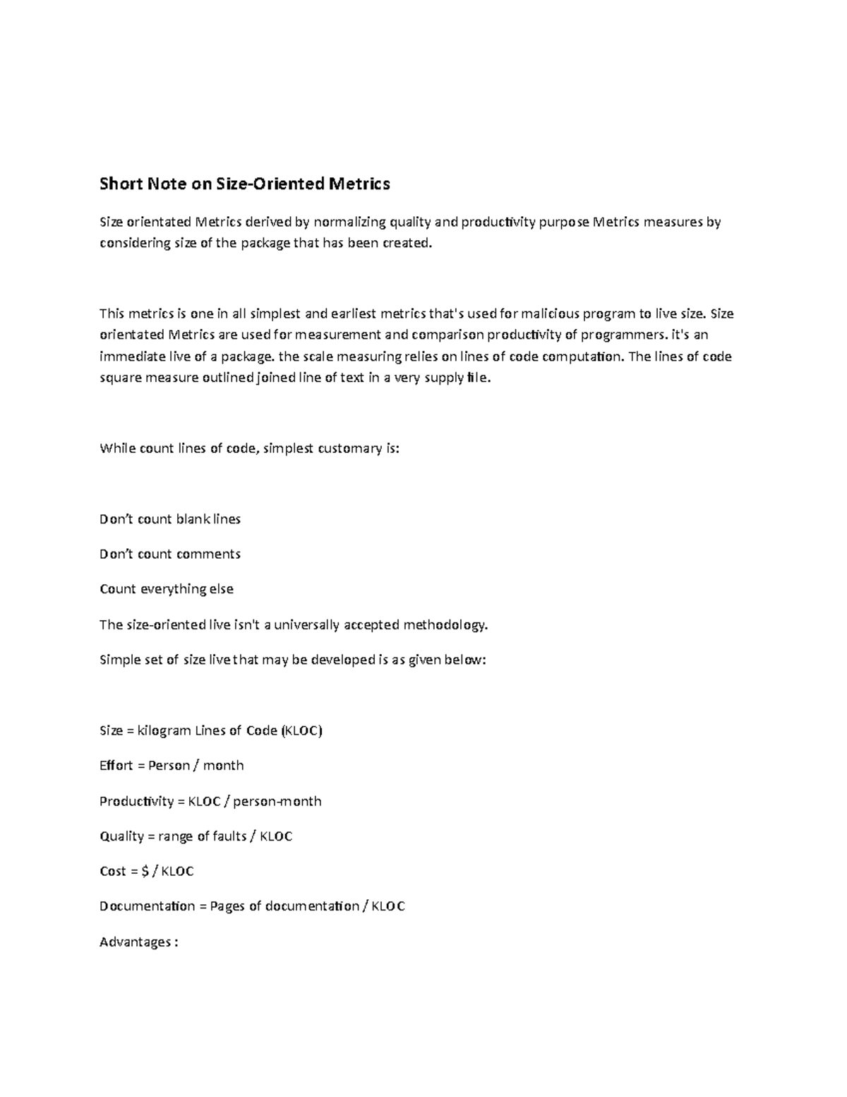 Short Note On Size Oriented Metrics This Metrics Is One In All Simplest And Earliest Metrics