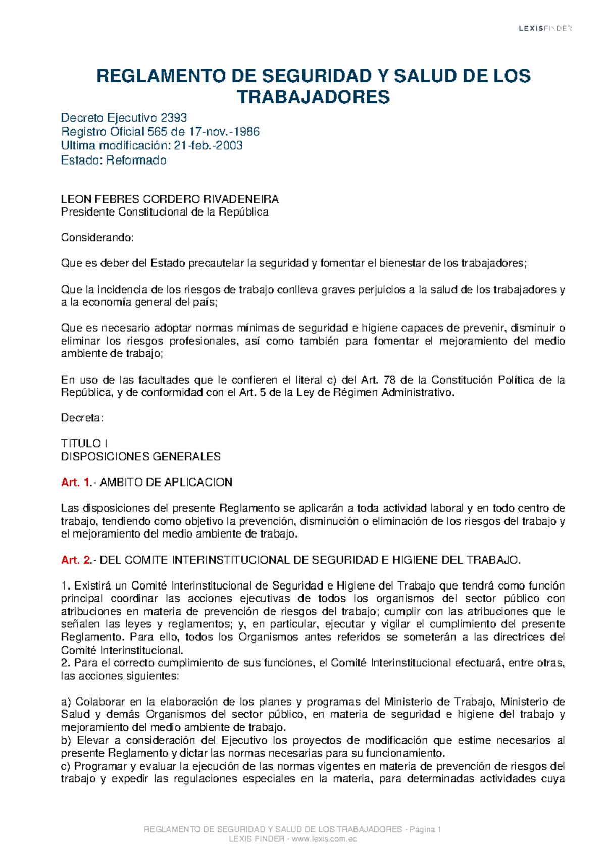 Decreto Ejecutivo 2393 Reglamento DE Seguridad Y Salud DE LOS ...