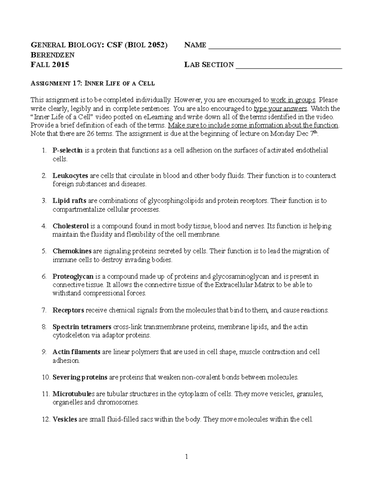 Assignment 17 - GENERAL BIOLOGY: CSF (BIOL 2052) NAME ...