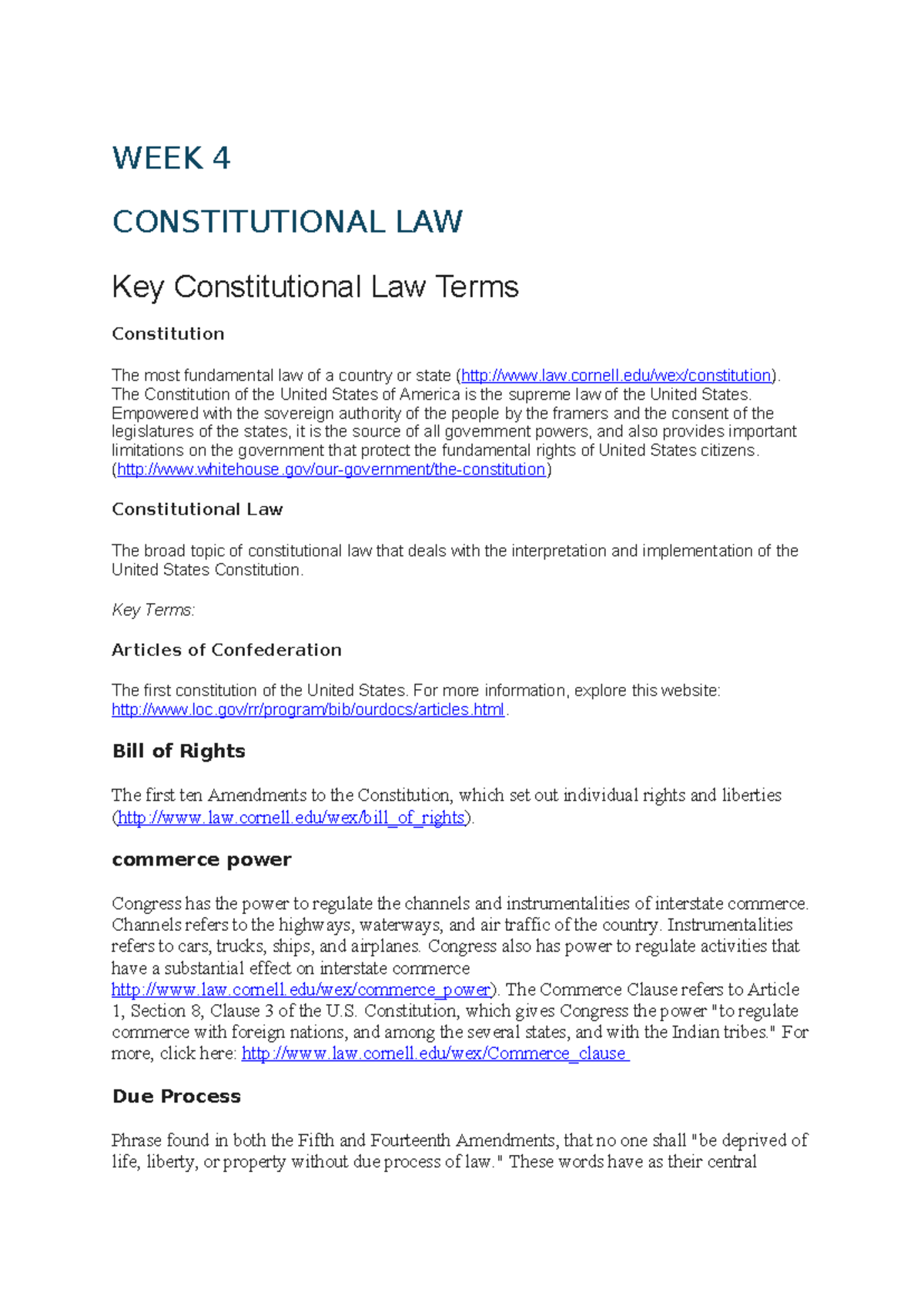 WEEK 4 - Introduction to American Law - Week 4 - WEEK 4 CONSTITUTIONAL LAW Key Constitutional ...