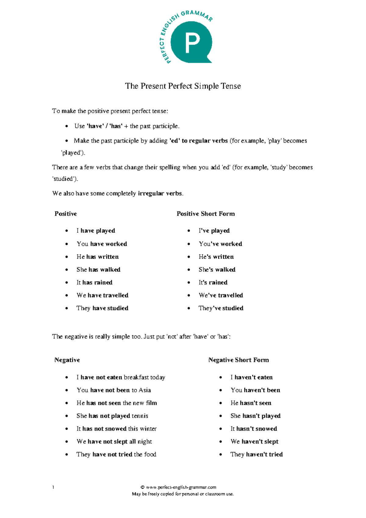 Present-perfect - Present perfect form cheat sheets - 1 © perfect-english-grammar May be freely ...