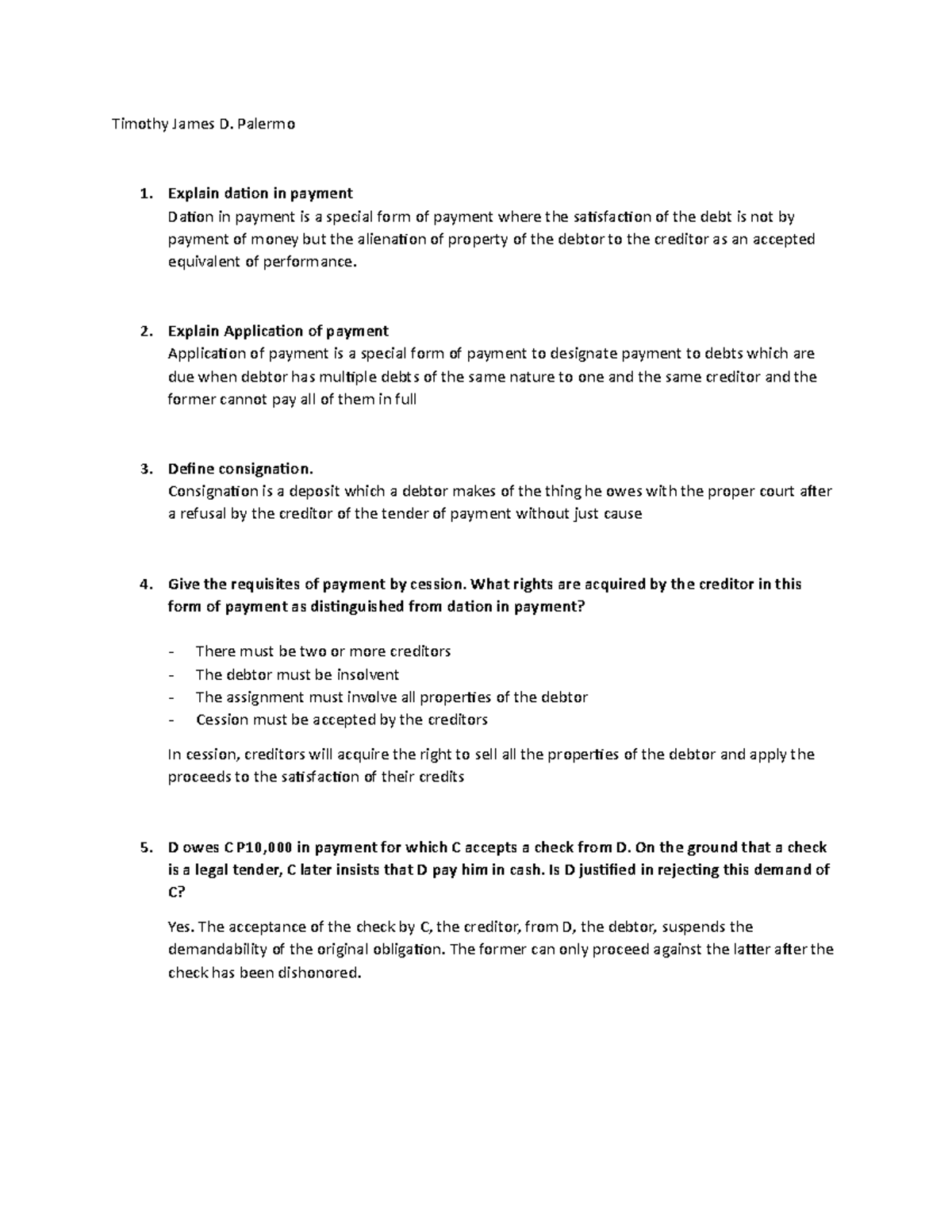 Payment - de leon q and a - Timothy James D. Palermo Explain dation in ...