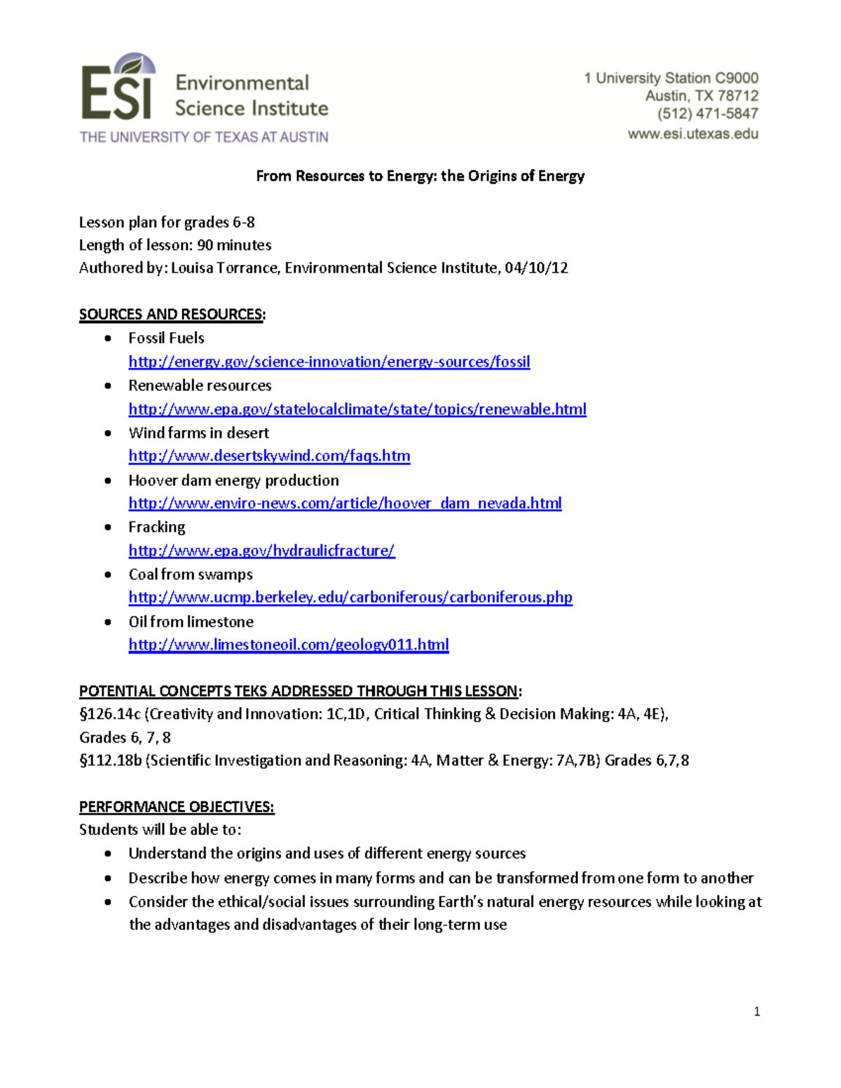 077 Lesson Plan From Resources to Energy - 1 From Resources to Energy ...