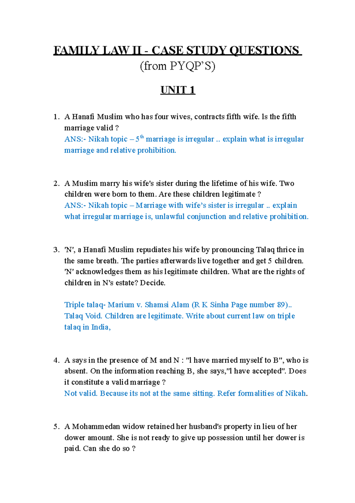 Family LAW II - CASE Study Questions - FAMILY LAW II - CASE STUDY ...