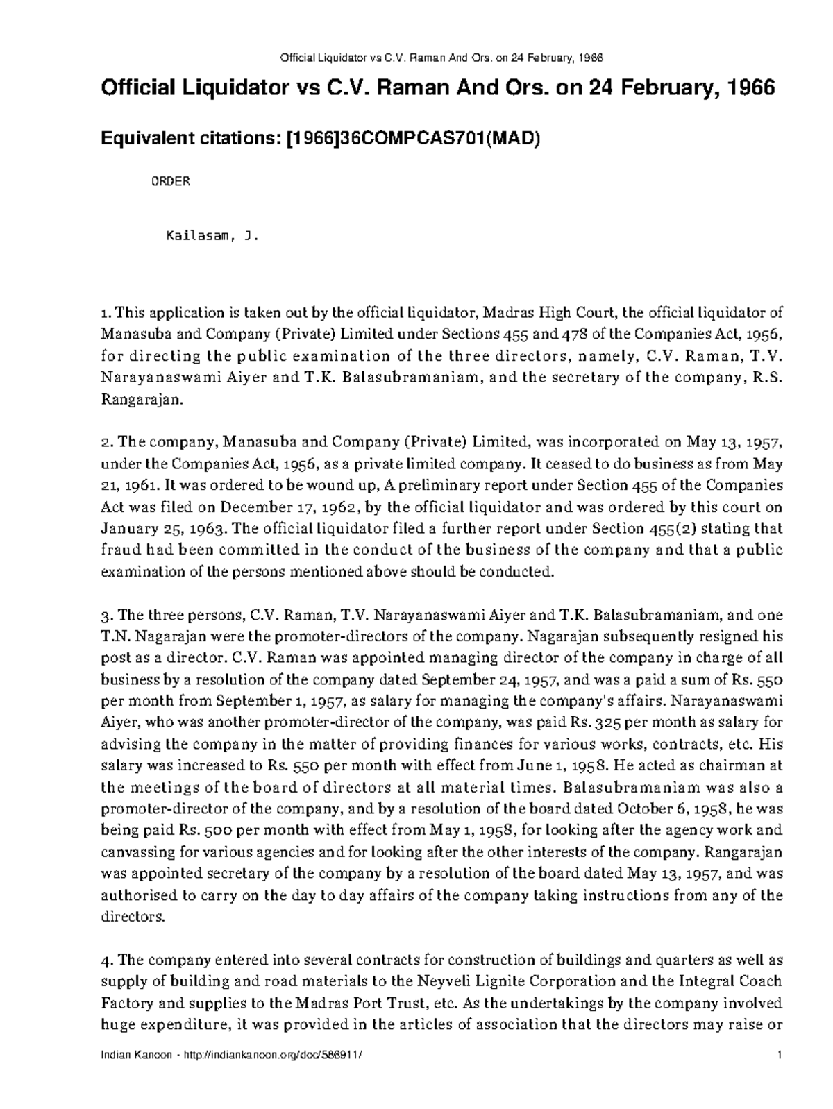 Official Liquidator vs C V Raman And Ors on 24 February 1966 - Official ...