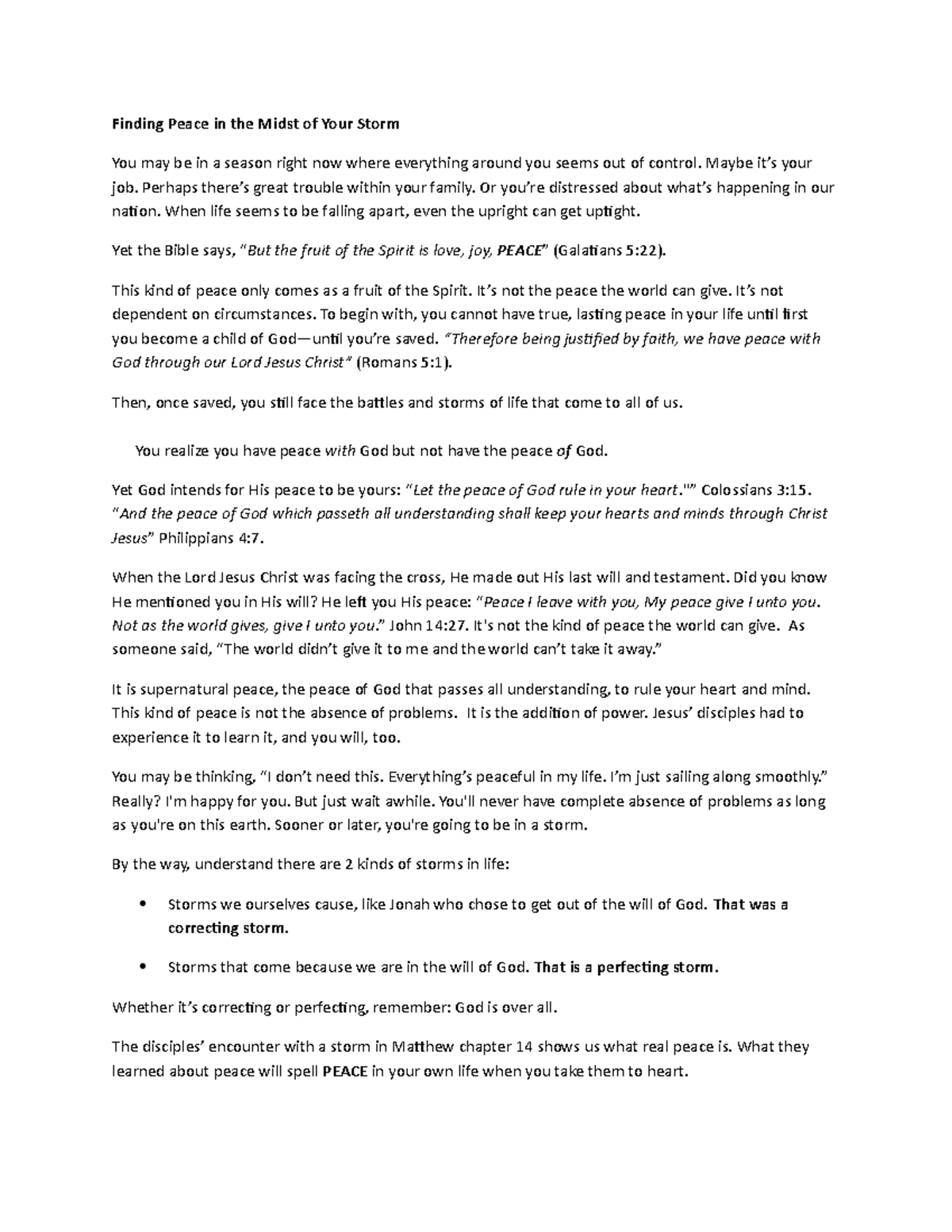 Finding Peace in the Midst of Your Storm RELIGION SUBJECT - Finding ...