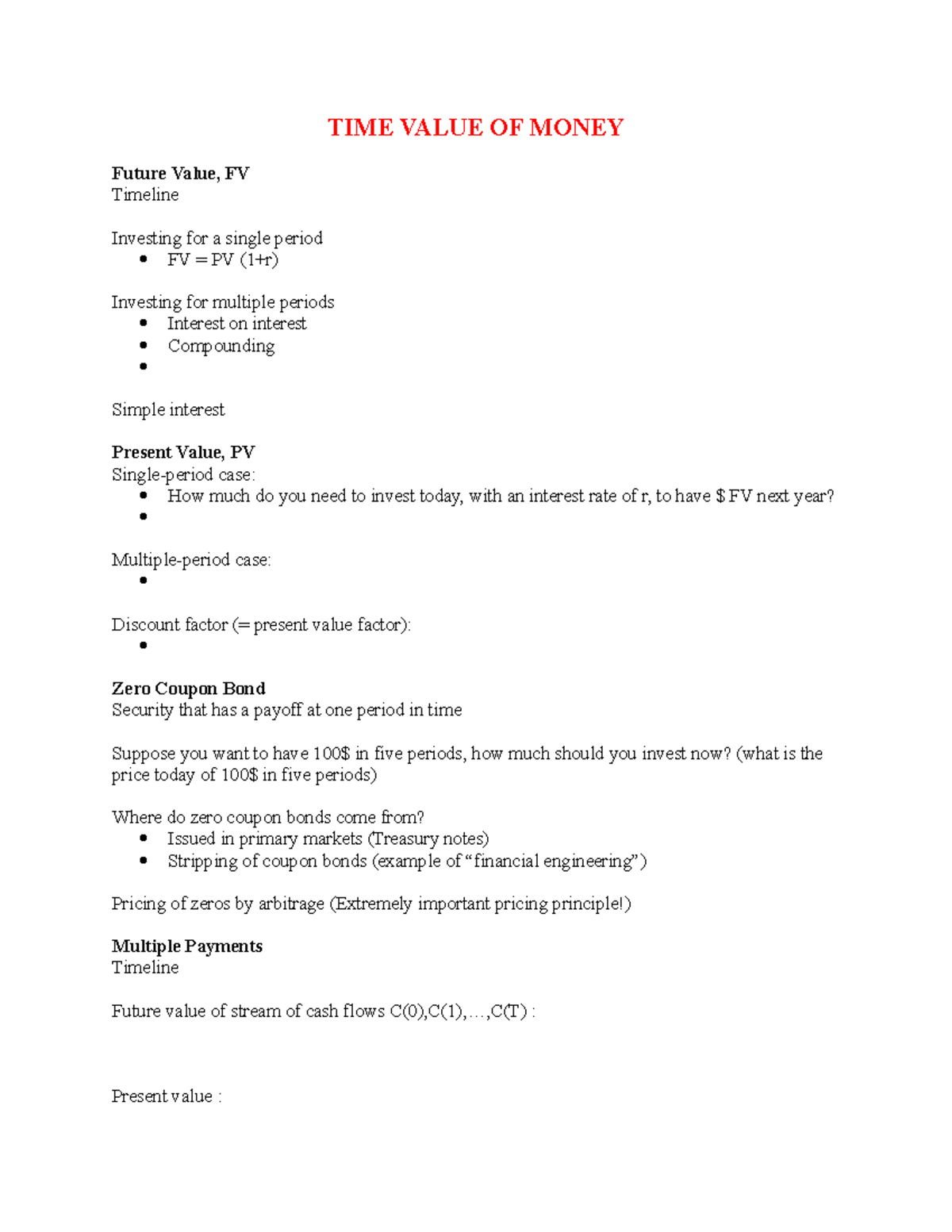 FE Notes - TIME VALUE OF MONEY Future Value, FV Timeline Investing for ...