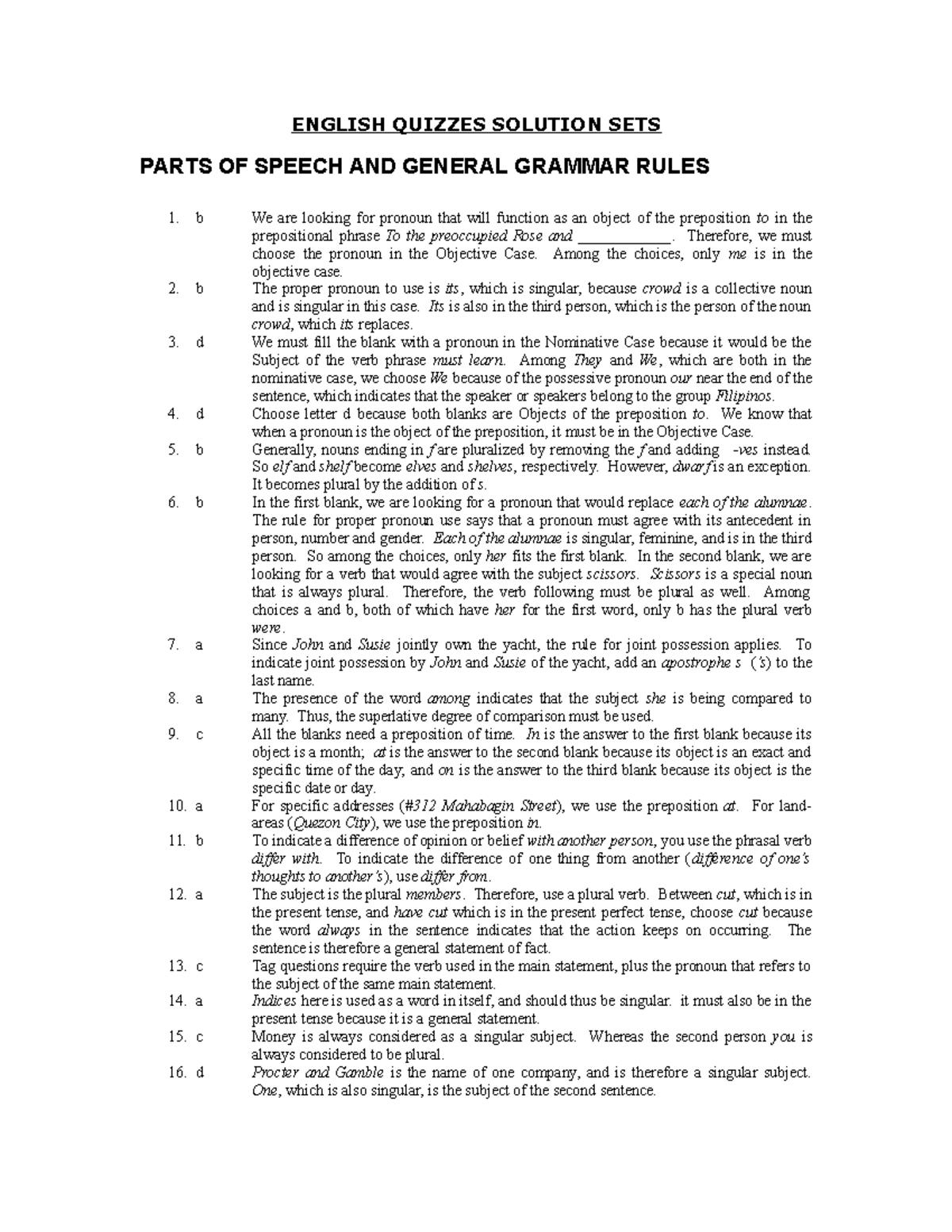 Solution set for English Quizzes - ENGLISH QUIZZES SOLUTION SETS PARTS ...