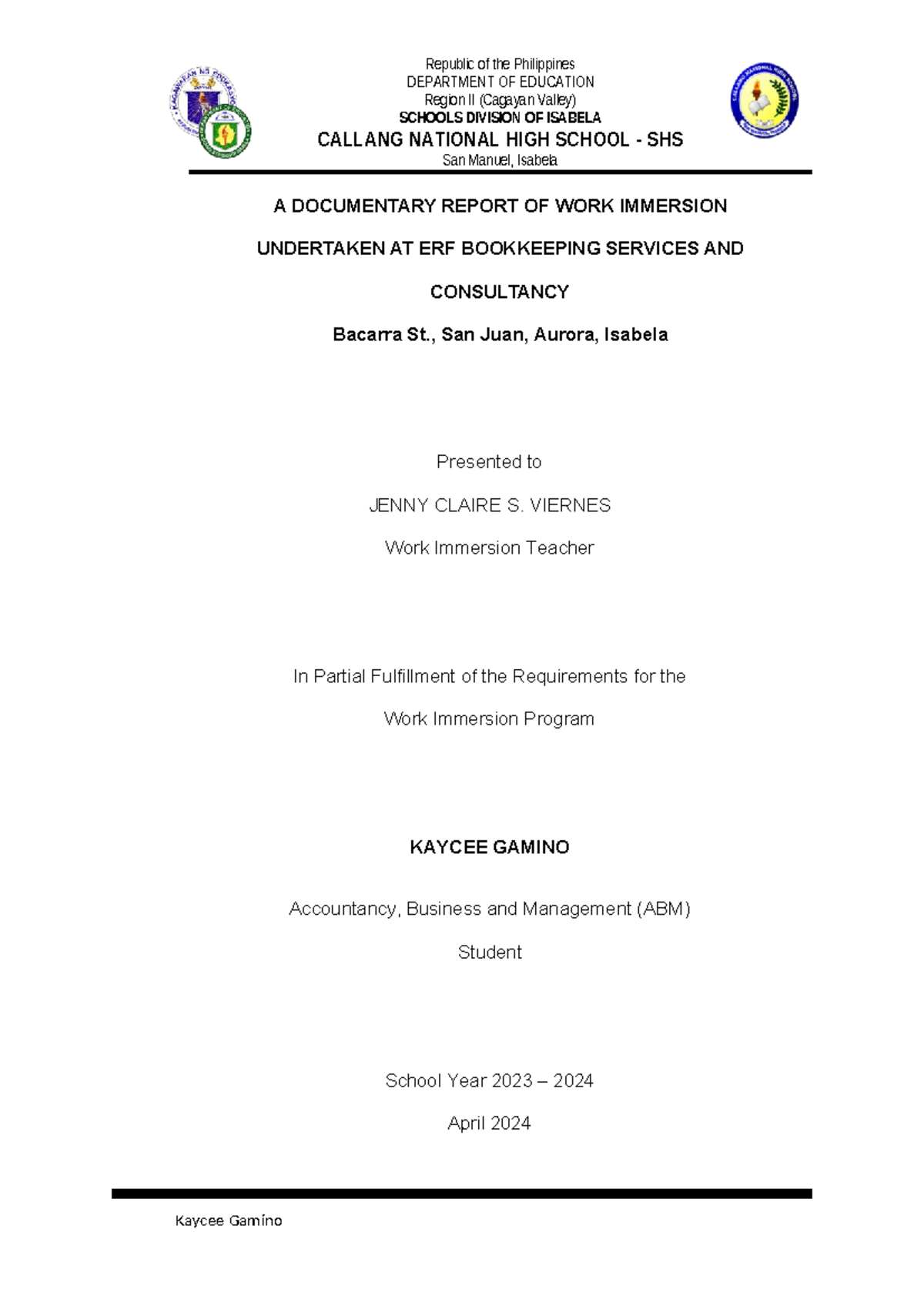 A Documentary Report OF WORK Immersion, coverpage - DEPARTMENT OF ...