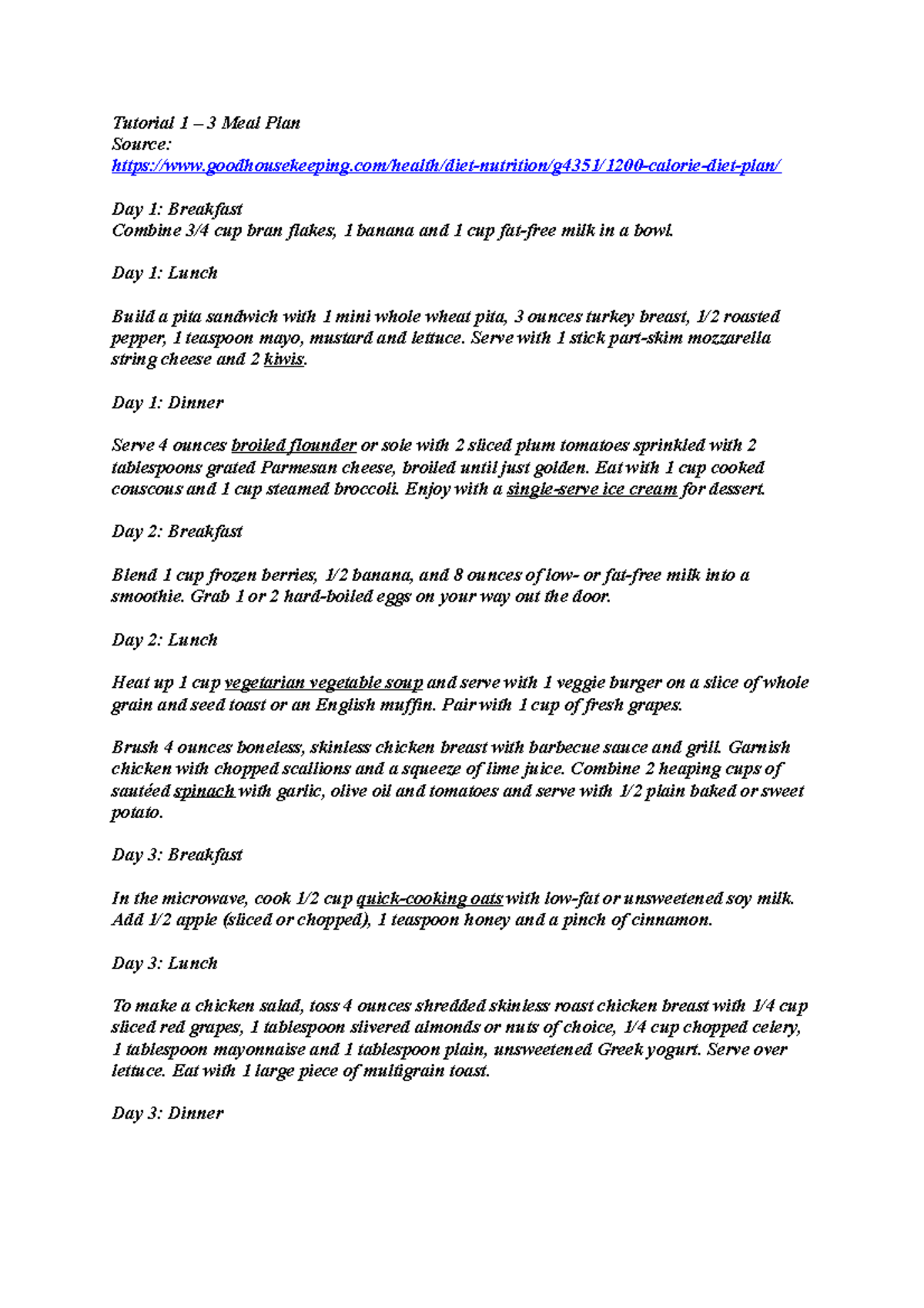 Tutorial 1 meal plan and reflection - Tutorial 1 – 3 Meal Plan Source ...