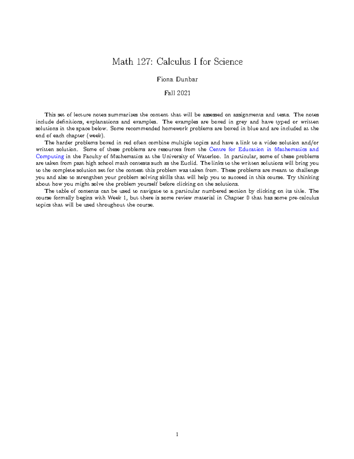 Math 127 instructor lecture notes - Math 127: Calculus I for Science ...