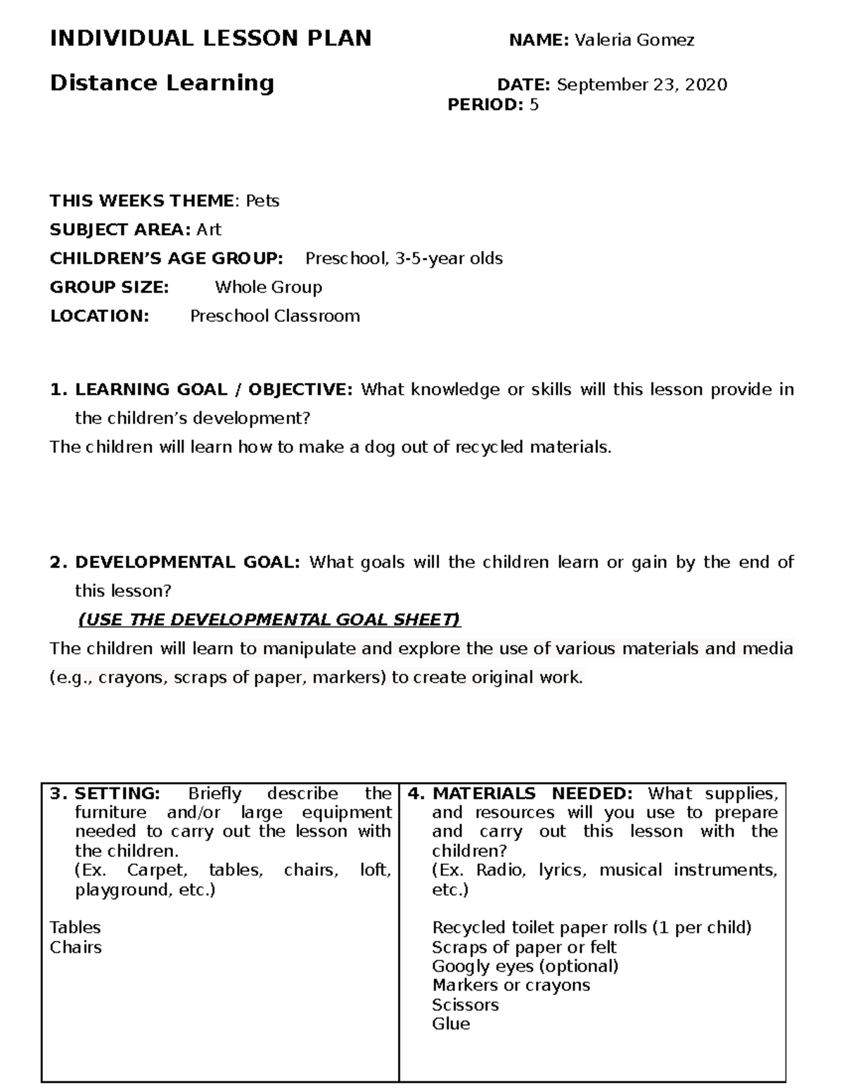DSL Individual Lesson Plan #1 - INDIVIDUAL LESSON PLAN NAME: Valeria ...