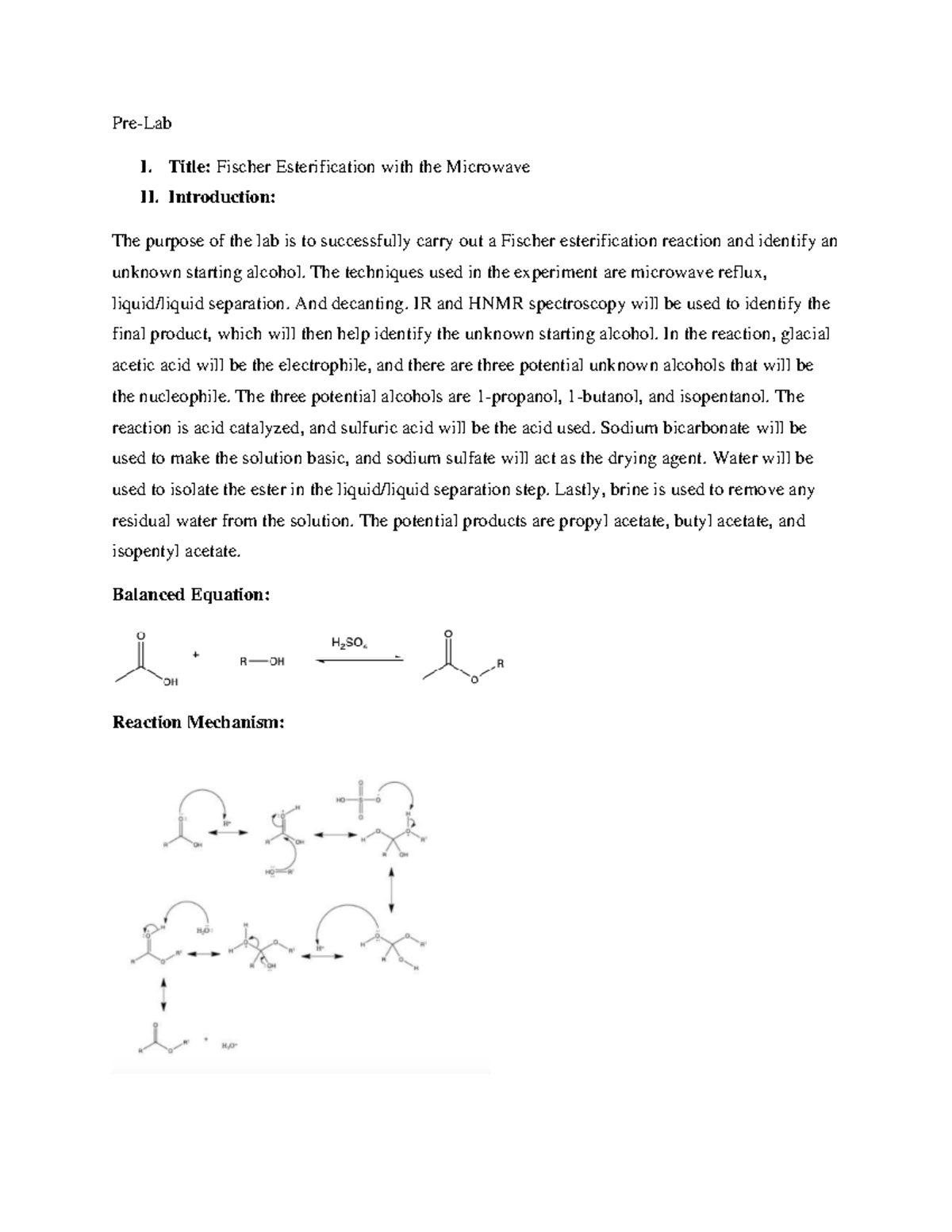 Experiment 5 - Fischer Esterification - Pre-Lab I. Title: Fischer ...