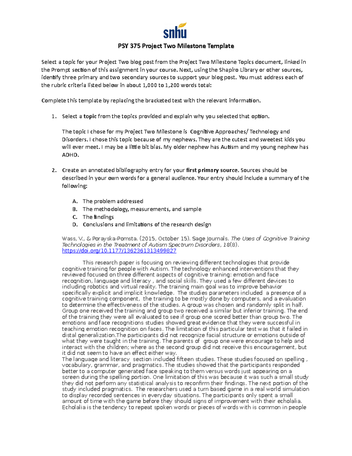 PSY 375 Project Two Milestone Template copy - PSY 375 Project Two ...