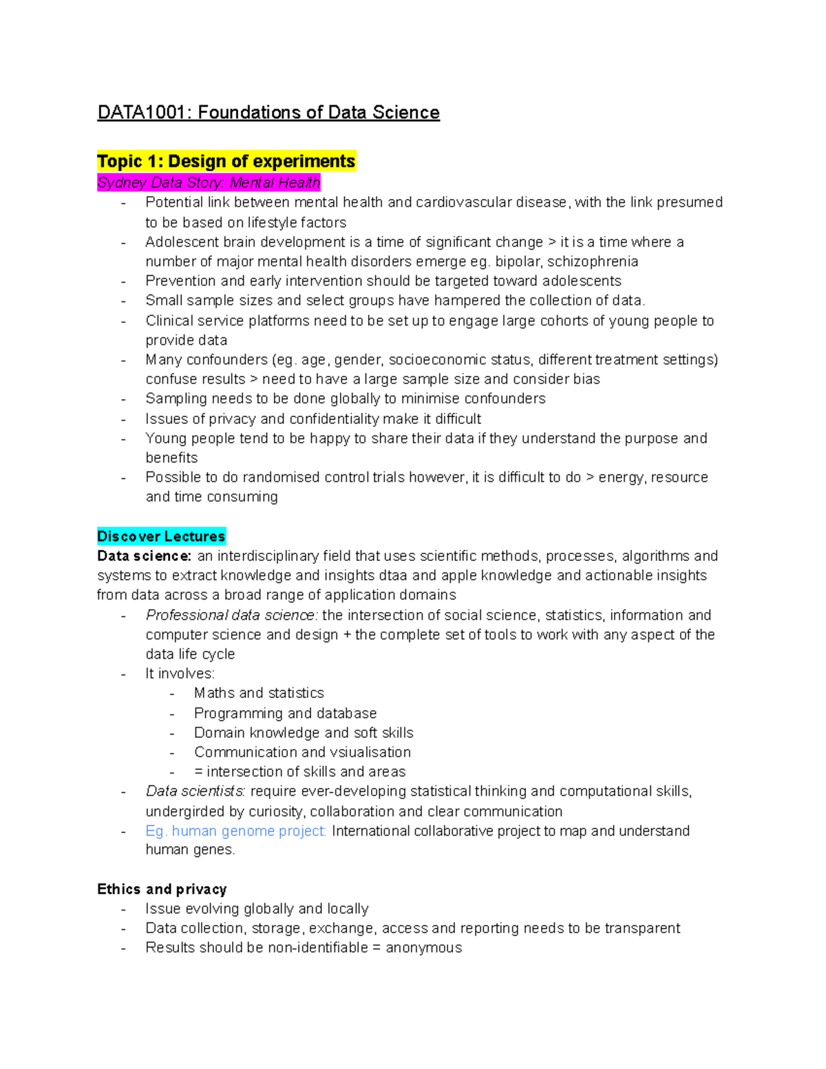 DATA1001 exam notes - DATA1001: Foundations of Data Science Topic 1 ...