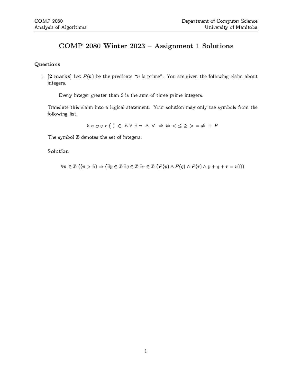 COMP2080 A1 Winter 2023 sol - Analysis of Algorithms University of Manitoba COMP 2080 Winter ...