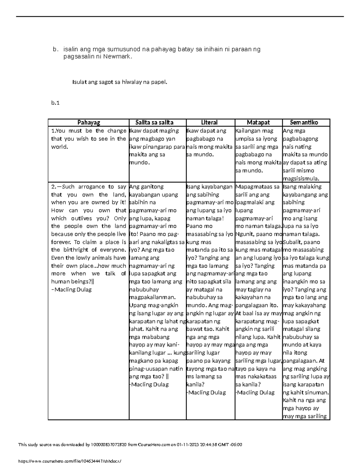 Shh - FILIPINOHIYA - b. isalin ang mga sumusunod na pahayag batay sa ...