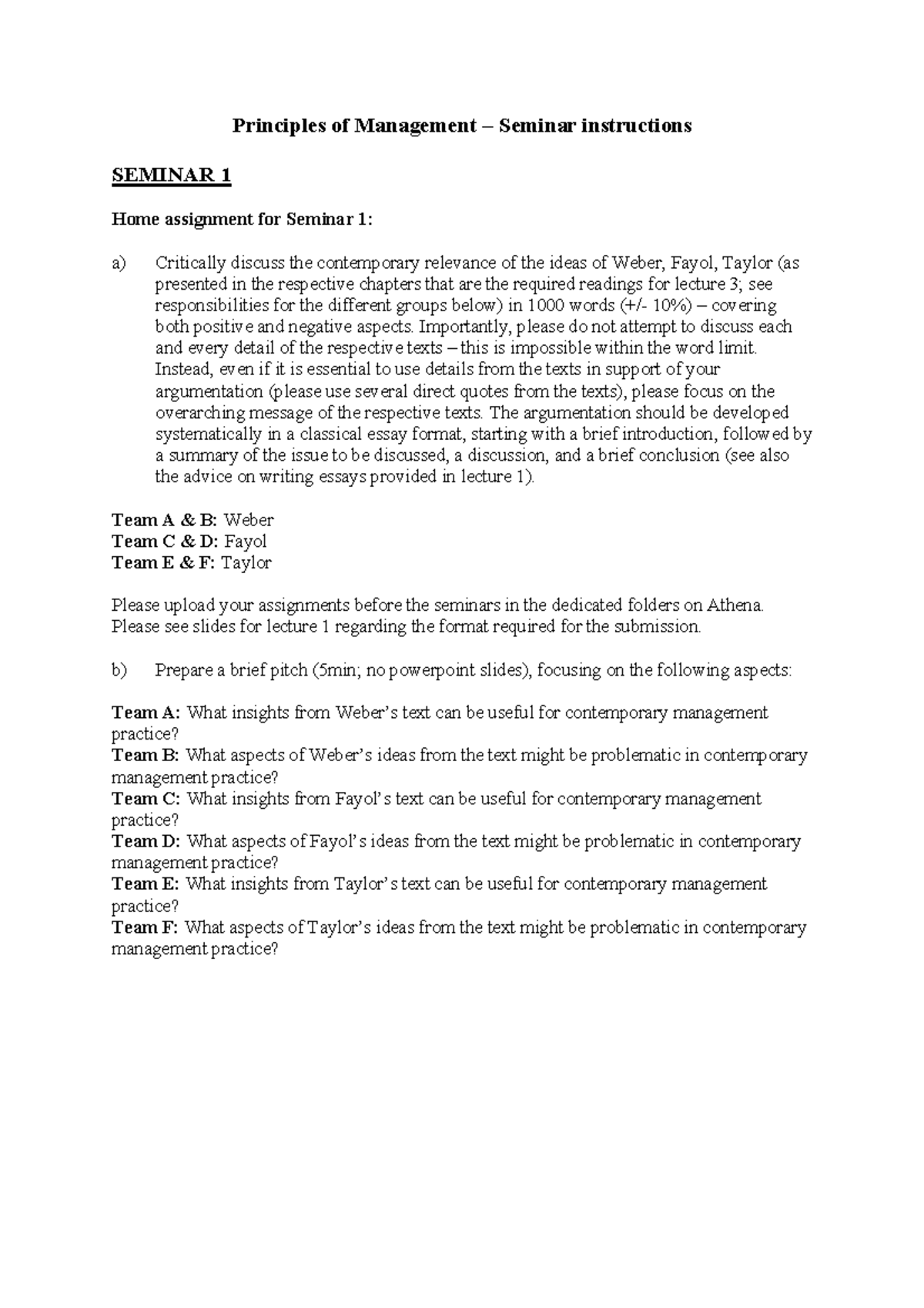 POM seminar instructions for session 1 - Principles of Management ...
