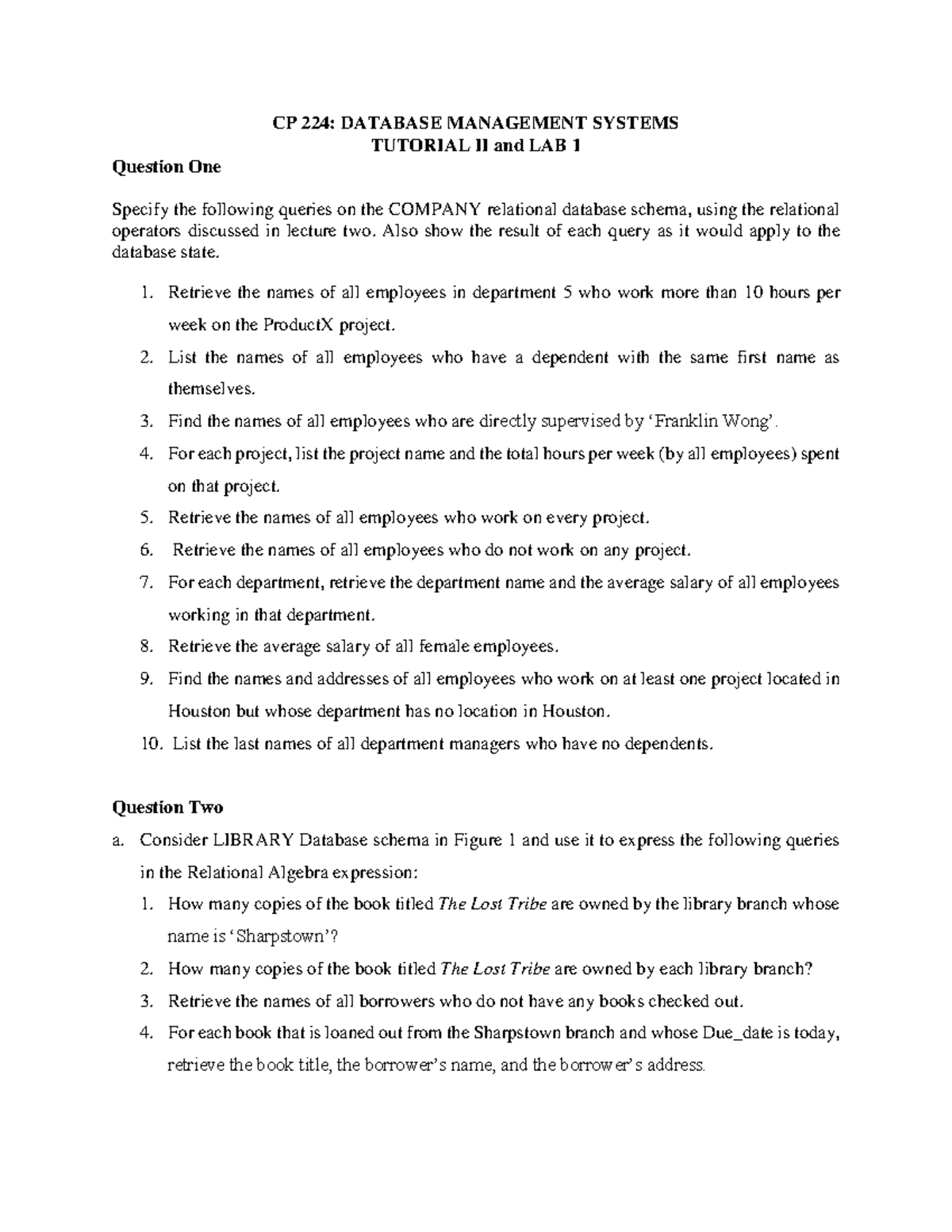 CP 224 Tutorial Two and Lab 1 - CP 224: DATABASE MANAGEMENT SYSTEMS ...