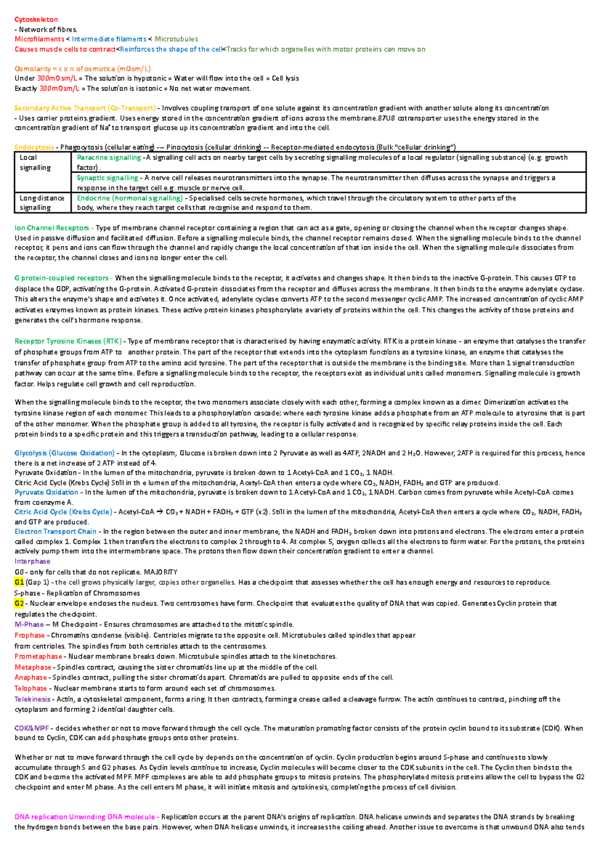 Mini Test 1 Cheat Sheet - Cytoskeleton Network of fibres. Microfilaments