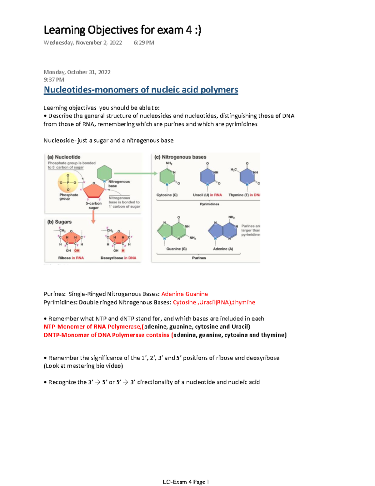 Learning Objectives for exam 4 - Monday, October 31, 2022 9:37 PM ...