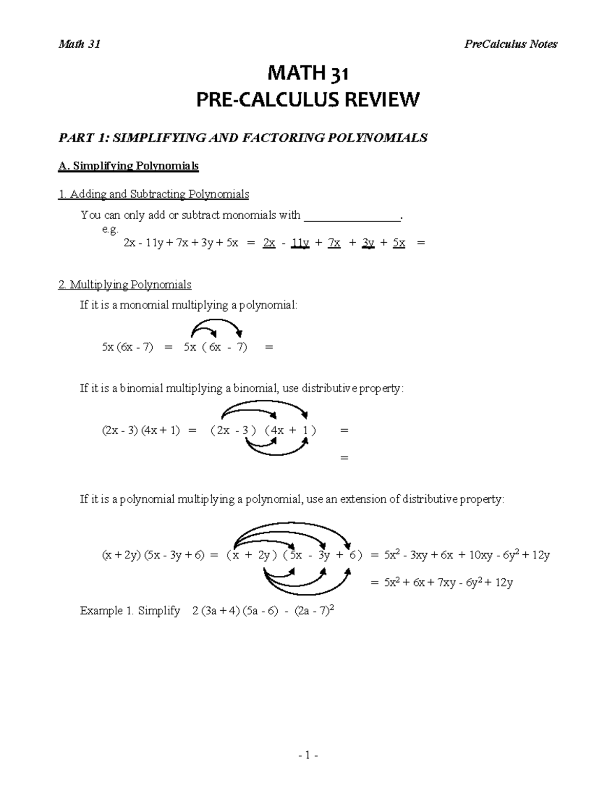 M31 Precalculus Review - MATH 31 PRE-CALCULUS REVIEW PART 1 ...