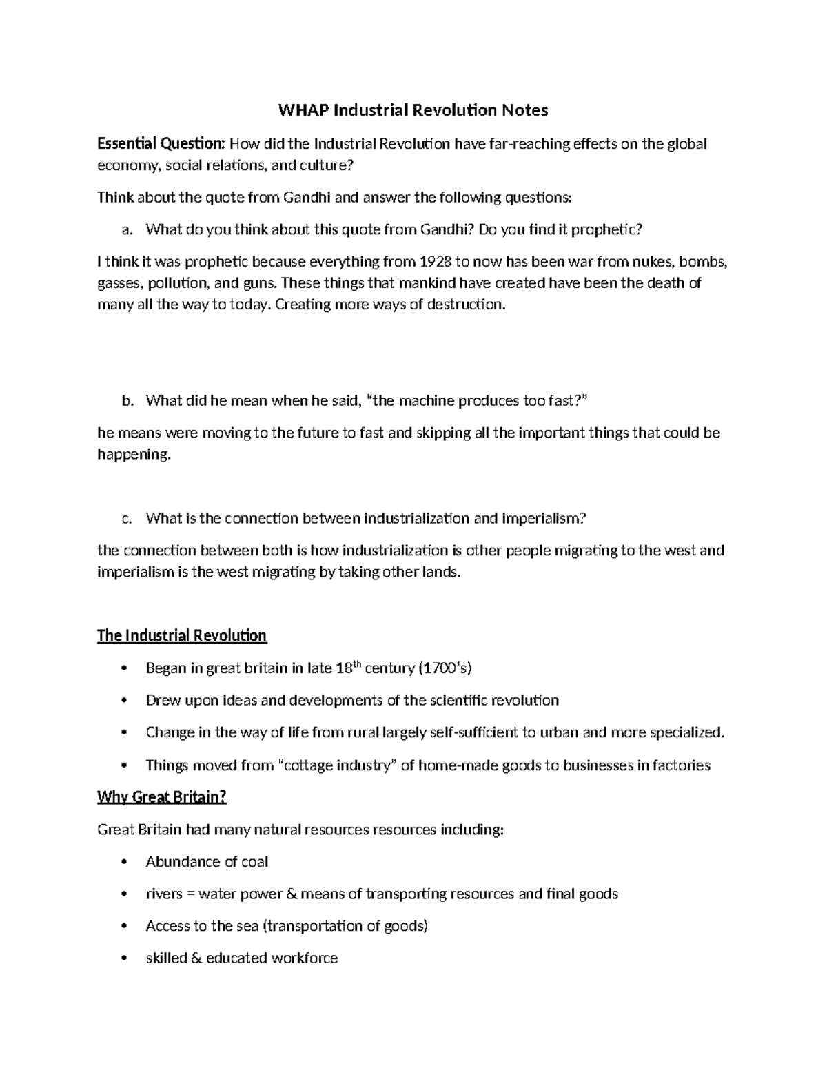 WHAP Industrial Revolution Notes - WHAP Industrial Revolution Notes ...