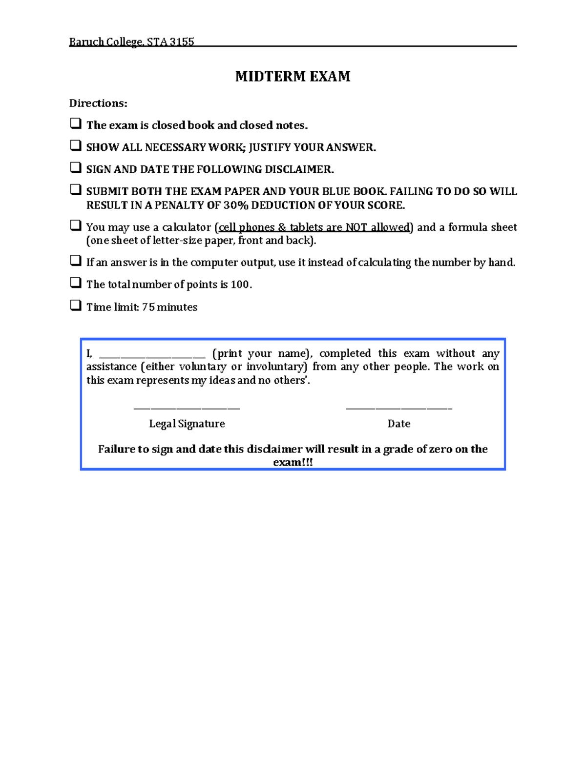 STA3155 Sample Midterm - Baruch College, STA 3155 MIDTERM EXAM ...