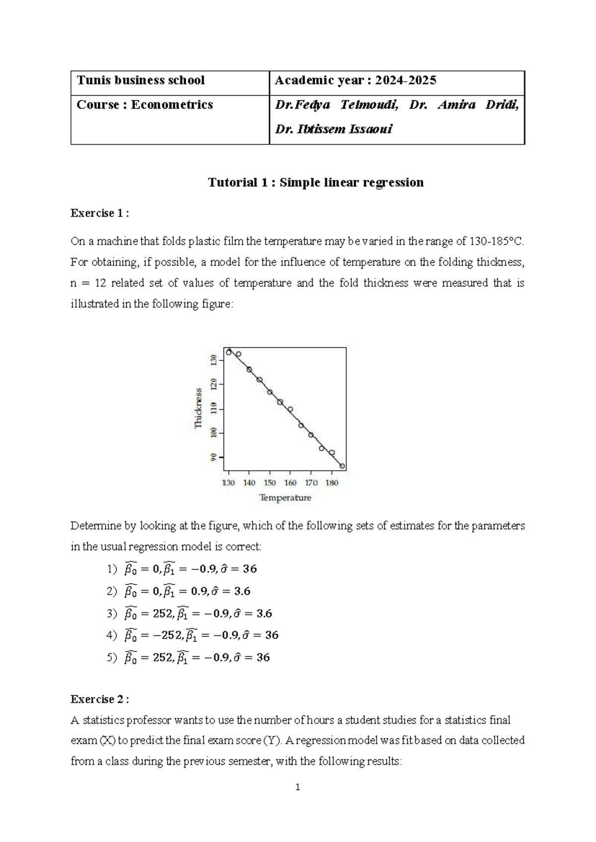 Tuto1 - Simple linear regression tutorial - Tunis business school Academic year : 2024- Course ...