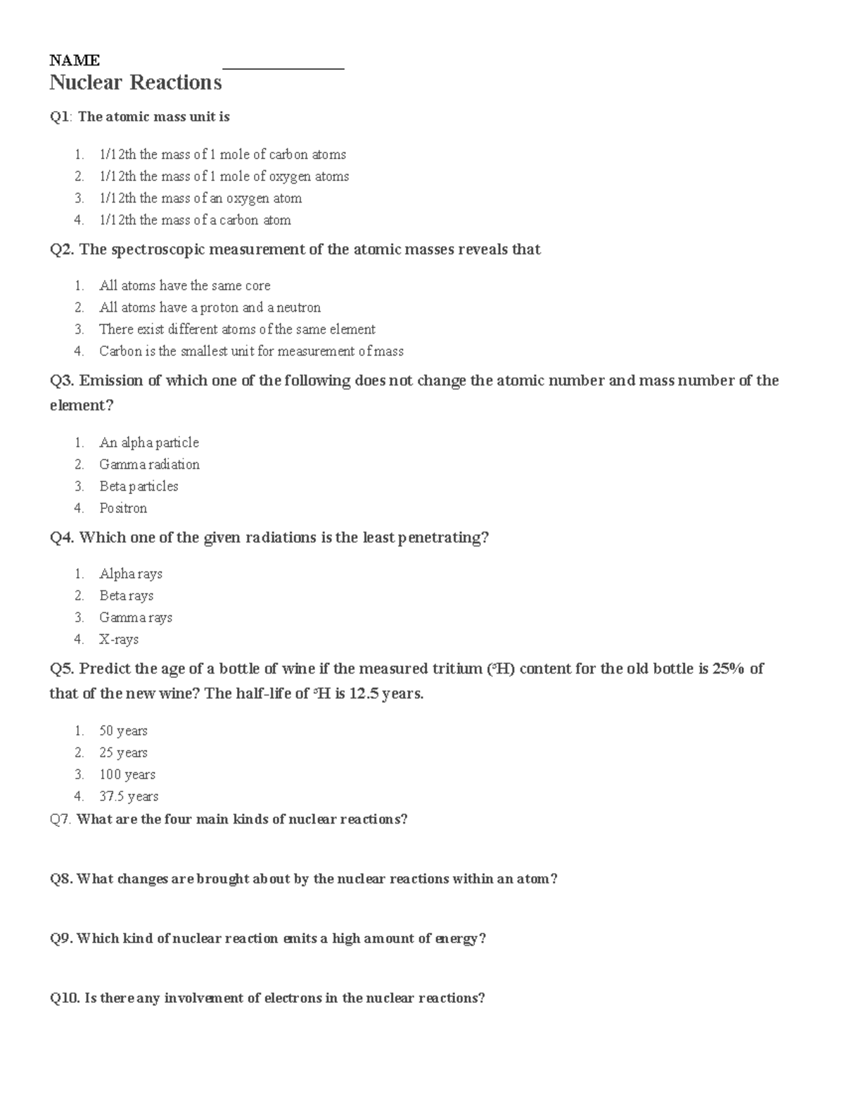 Nuclear Reactions - n/a - NAME _____________________________ Nuclear ...