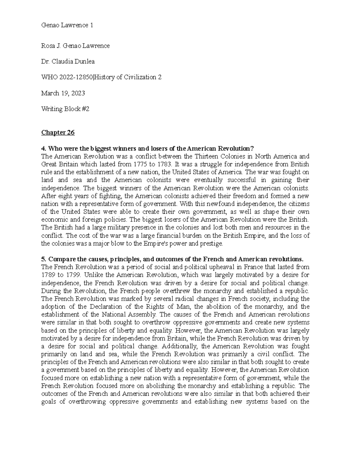 Writing Block 2 - Rosa J. Genao Lawrence Dr. Claudia Dunlea WHO 2022 ...