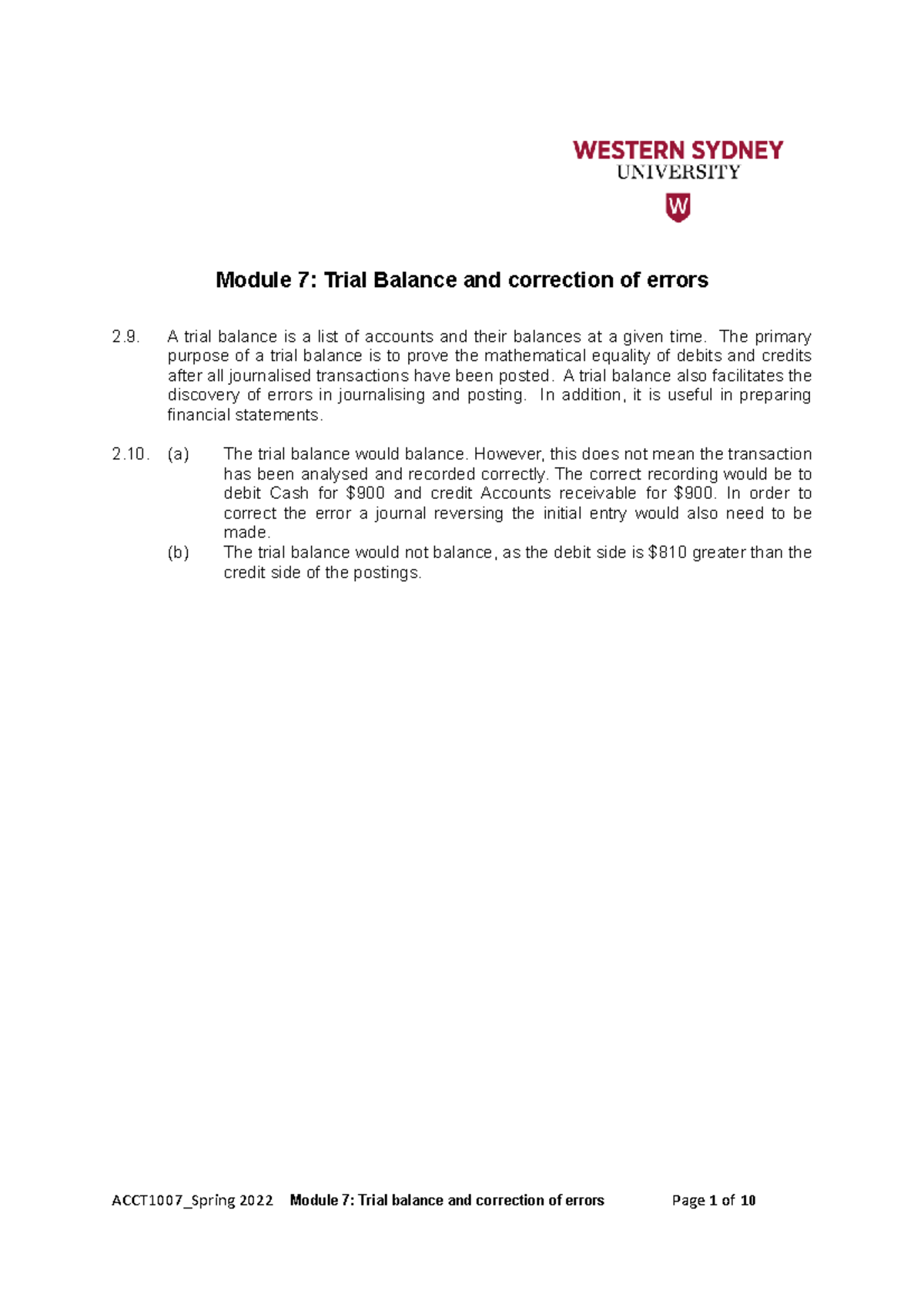 ACCT 1007 Module 7 solutions Spring 2022 - Module 7: Trial Balance and ...