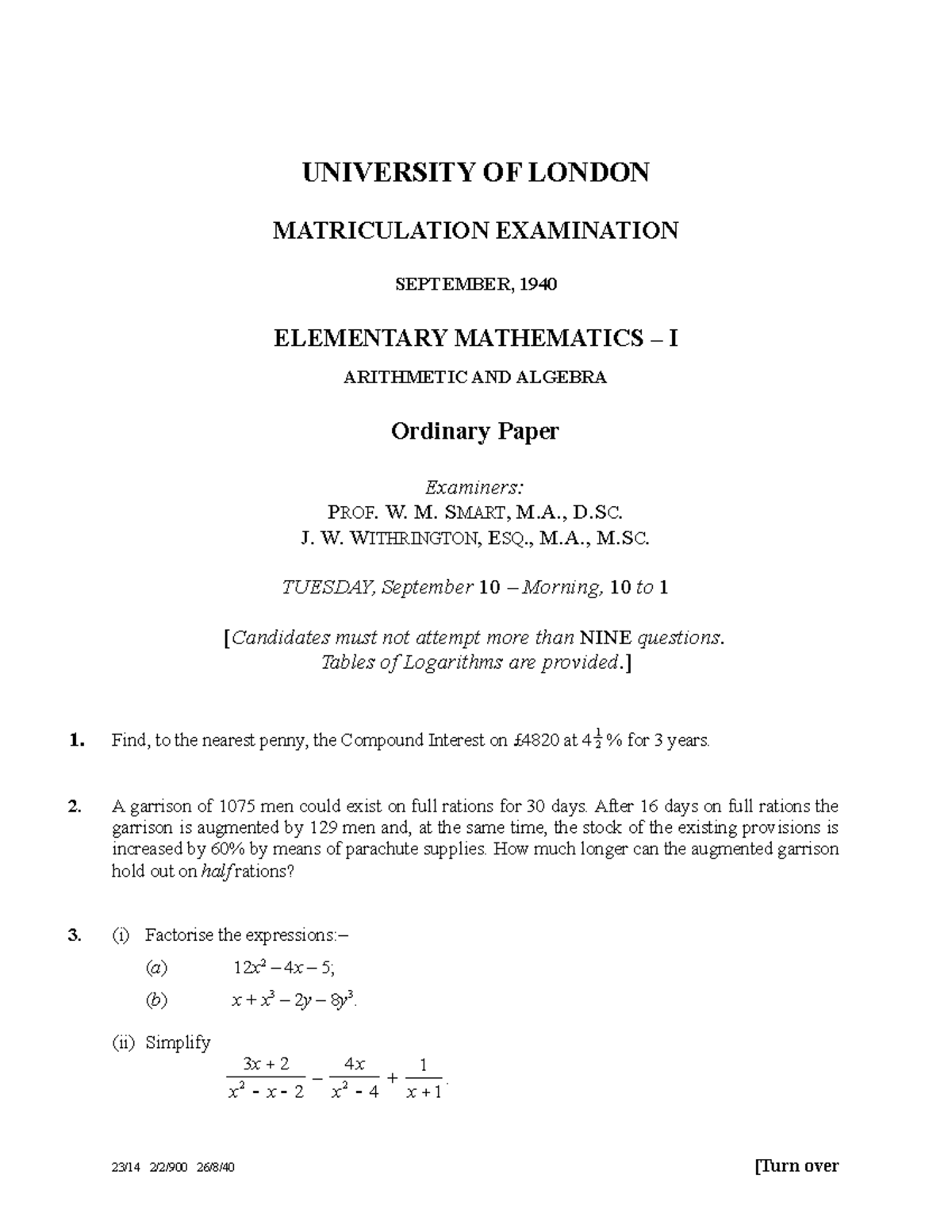 06 O level Maths 1940 Paper 1 - UNIVERSITY OF LONDON MATRICULATION ...