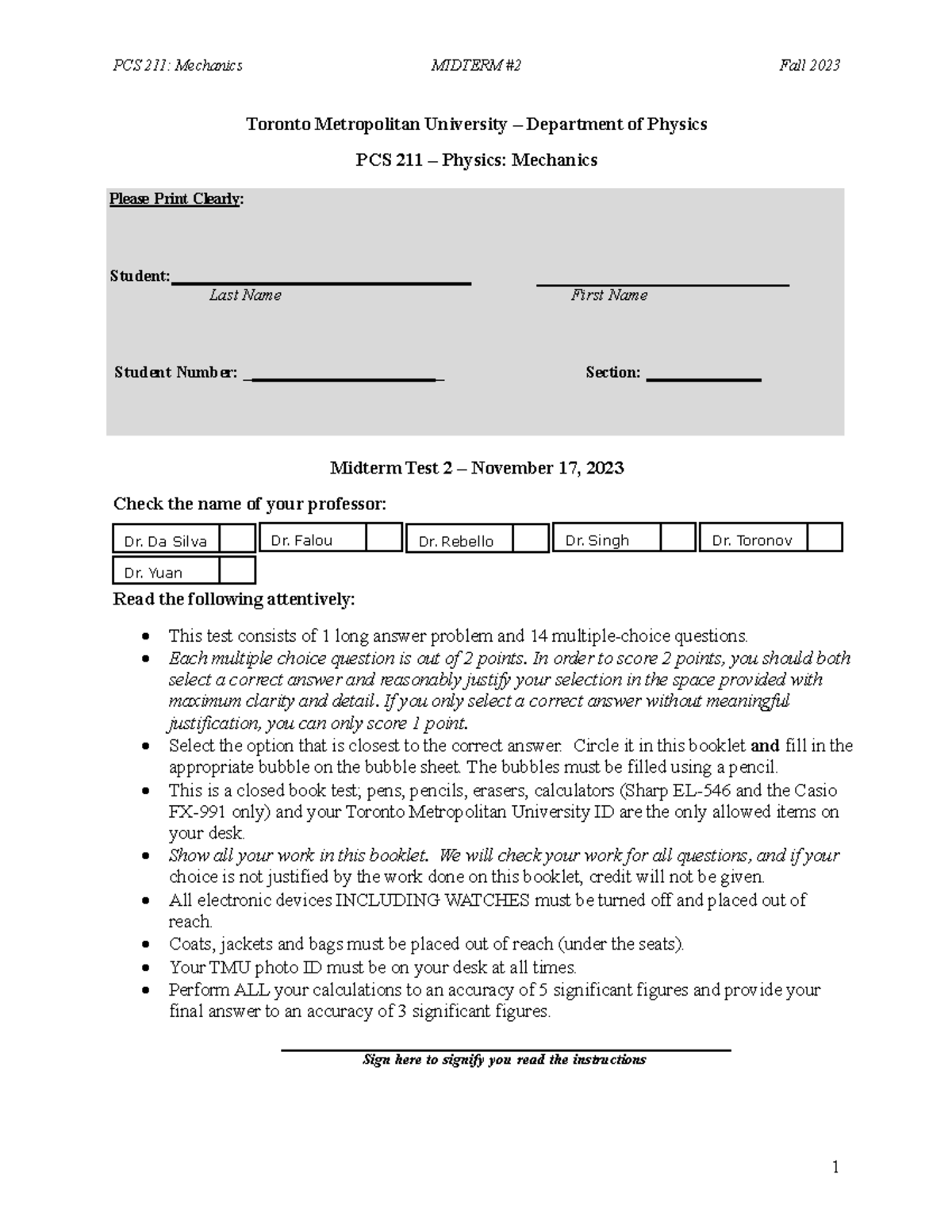 Midterm 2 PCS211 - Toronto Metropolitan University – Department of ...